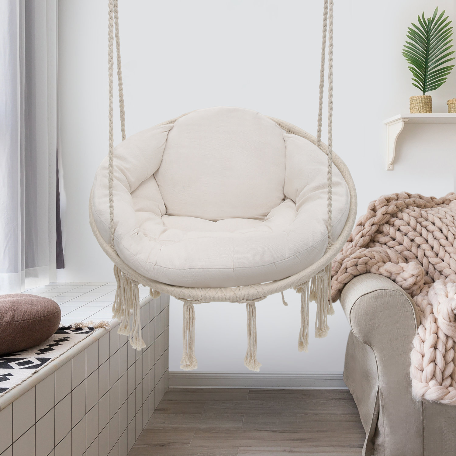 MoNiBloom Porch Hammock Hanging Rope Single Swing Chair With Removeable ...