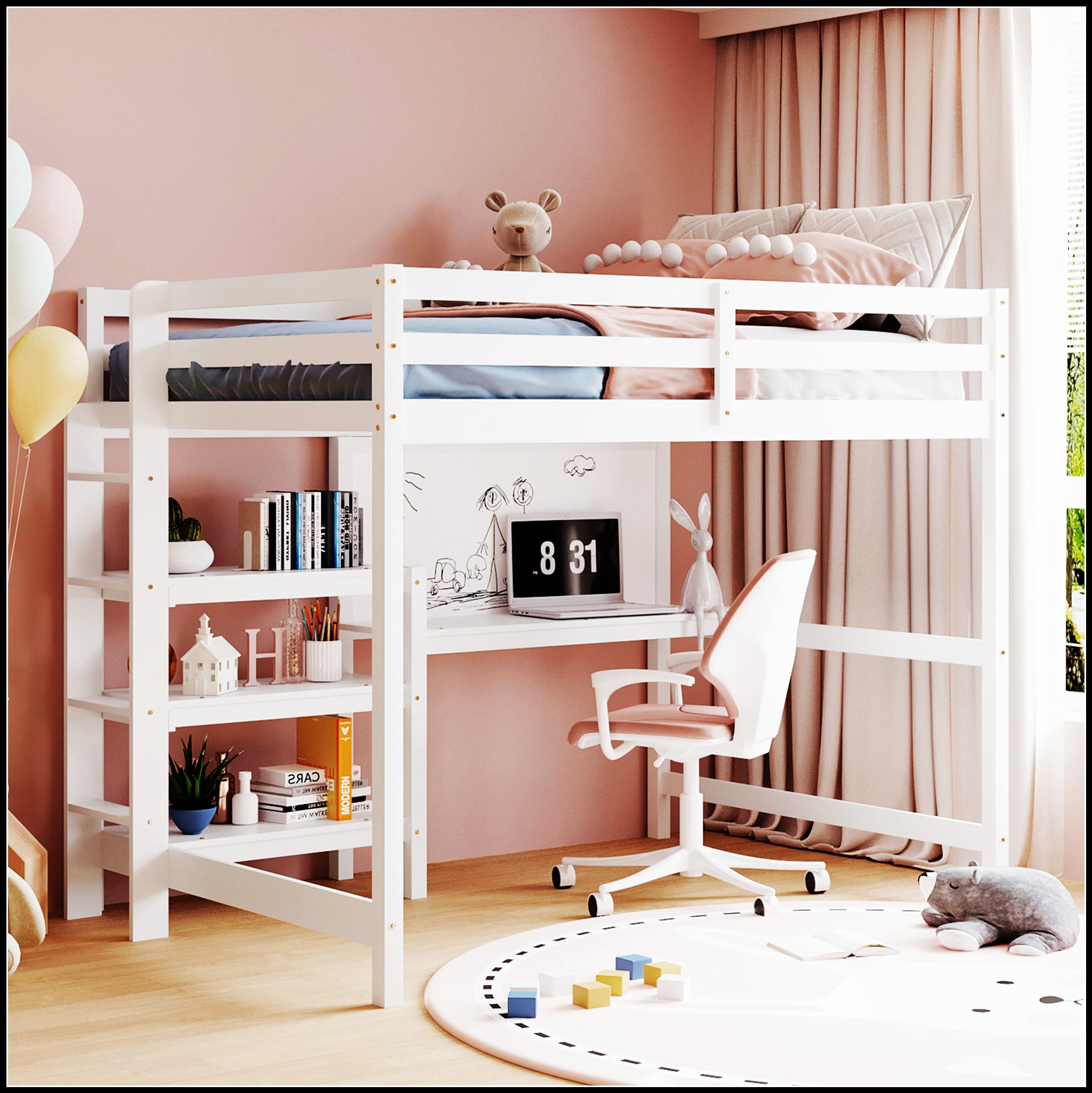 Harriet Bee Wooden Loft Bed with Integrated Shelves, Desk, and Writing ...