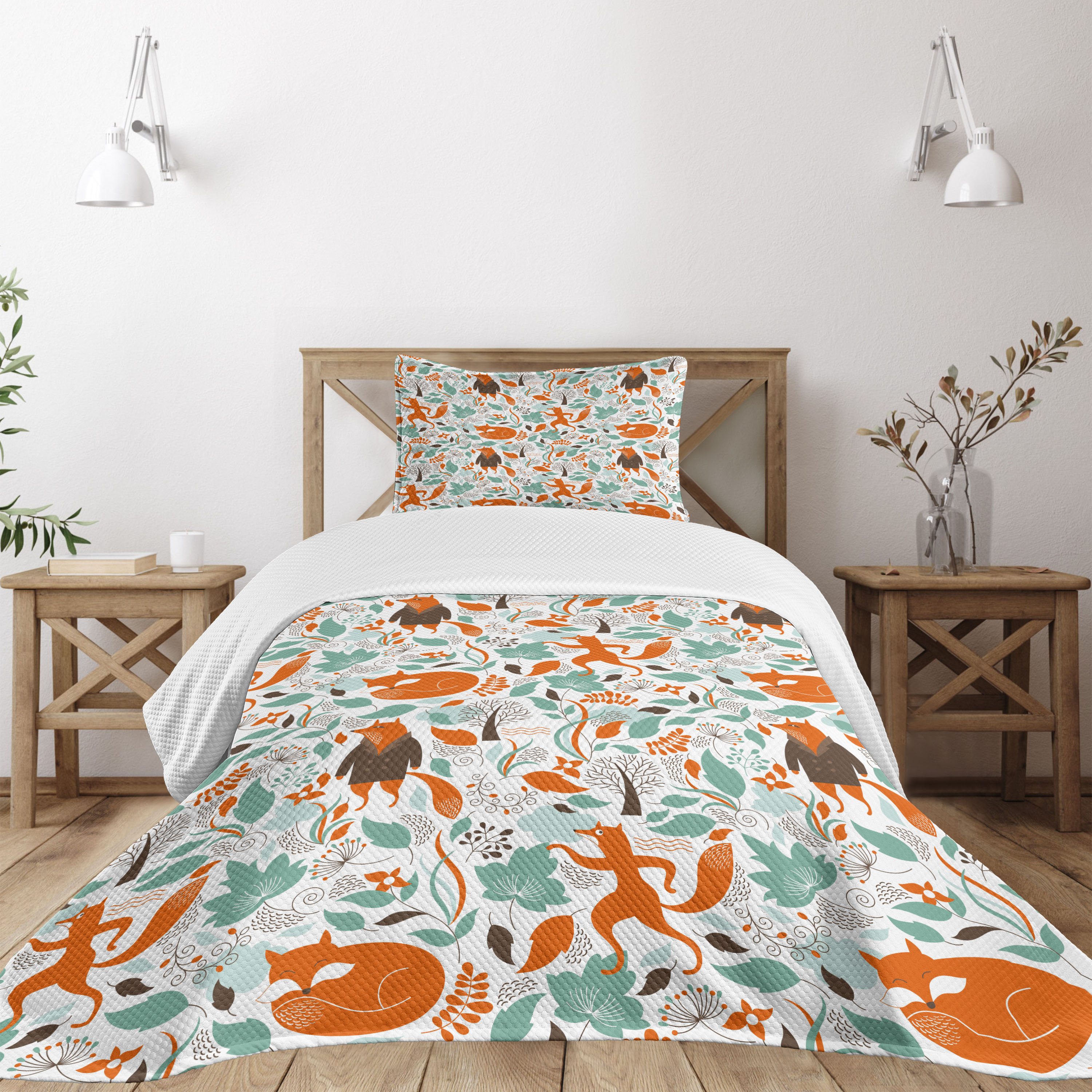 Ambesonne Fox Bedspread Set Funny Garden Turquoise Orange Brown | Wayfair