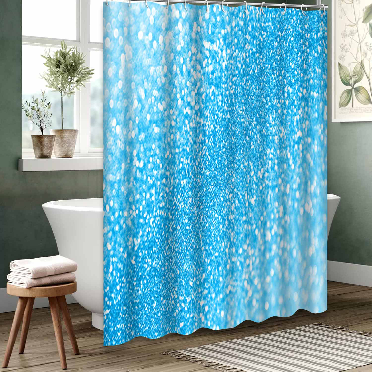 The Party Aisle™ Waterproof Shower Curtain,Abstract Blue Sparkle Happy ...