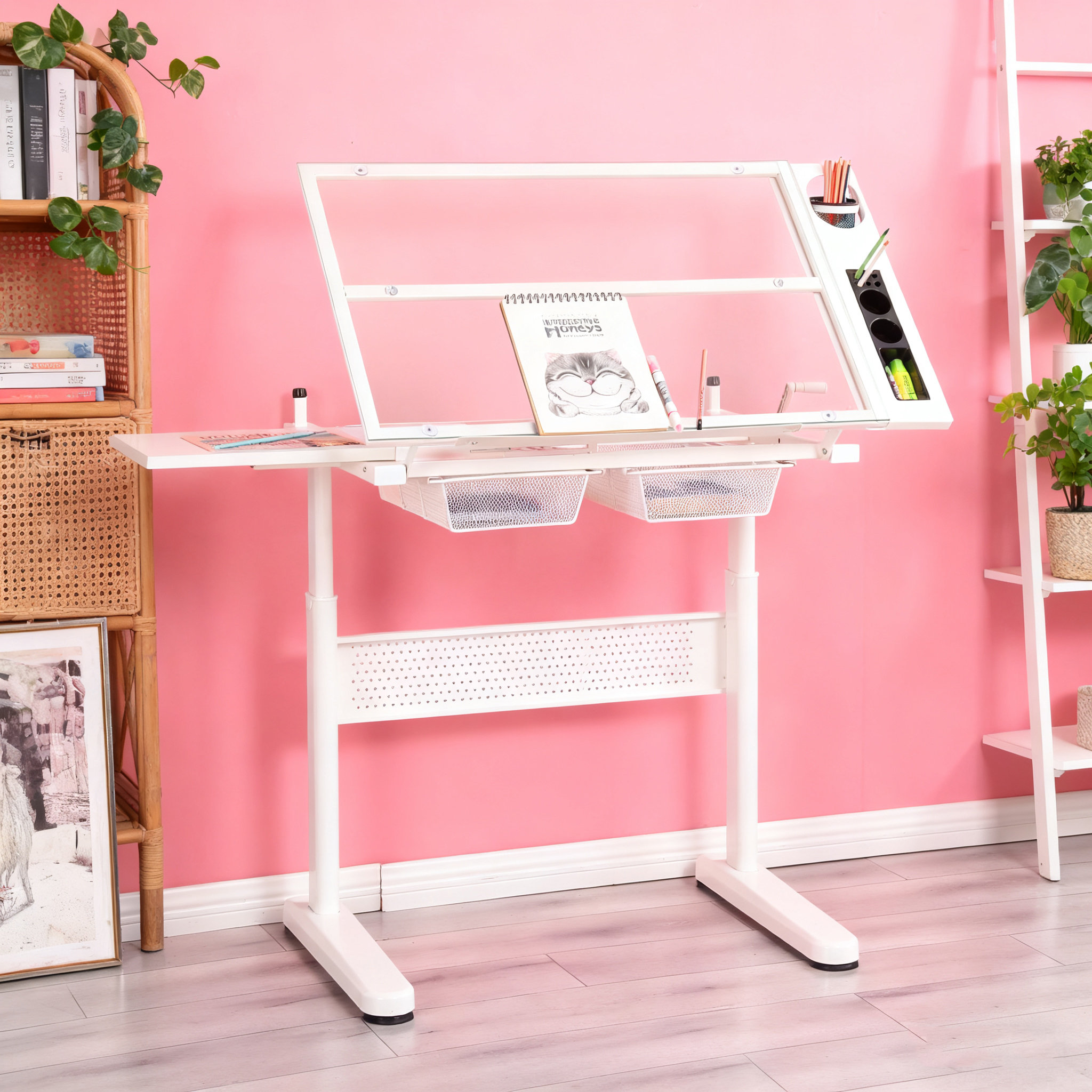 17 Stories Hand Crank Height Adjustable Angle Drafting Table Drawing ...