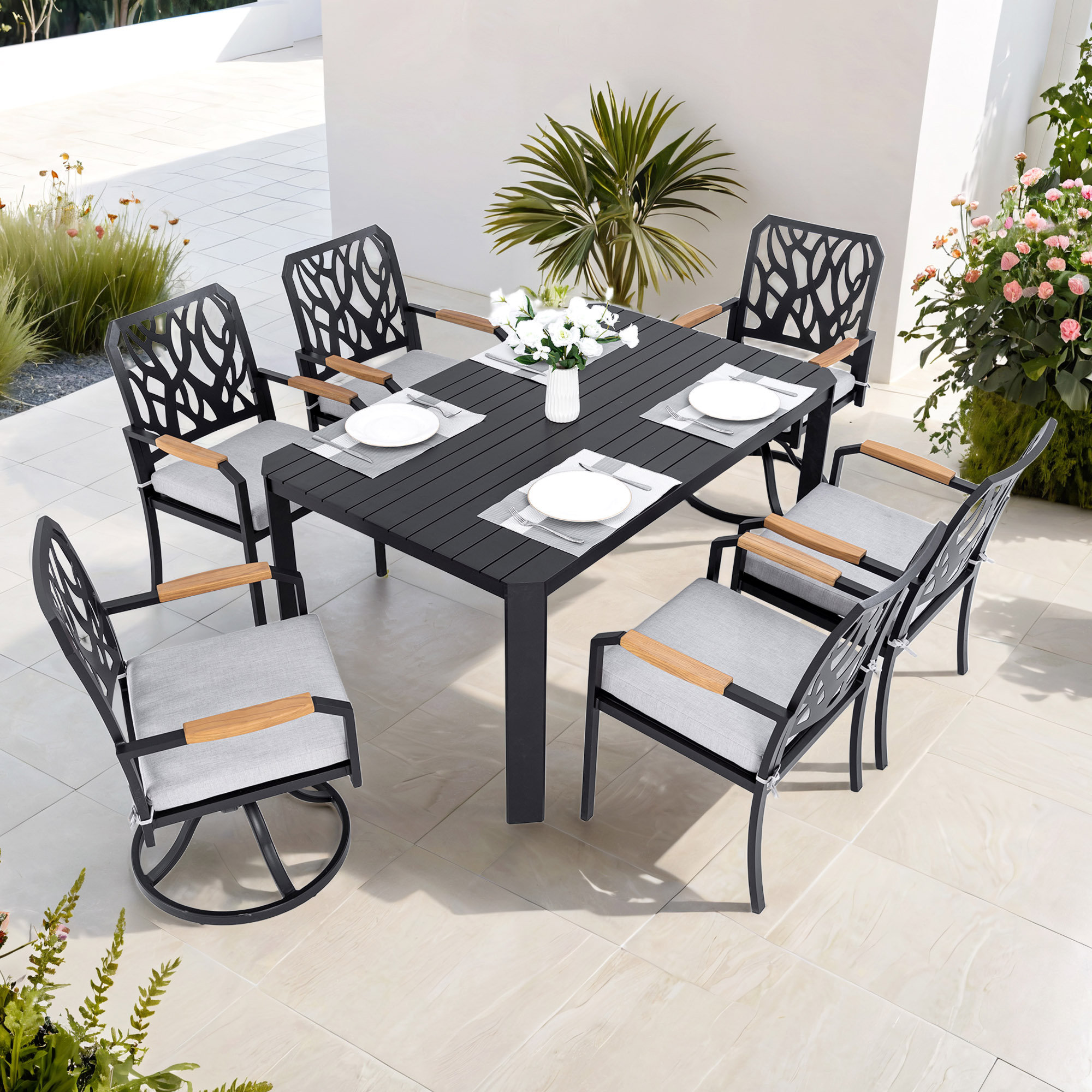 Lark Manor™ 7-Piece Outdoor Patio Aluminum Furniture Set, Modern Dining ...
