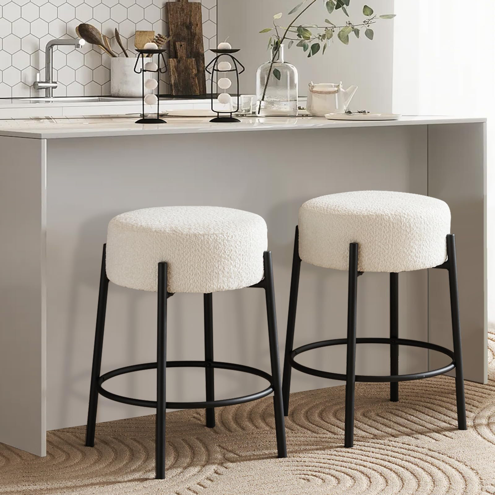 George Oliver Modern Bar Stools Set of 2 with Round Soft Padded Boucle ...