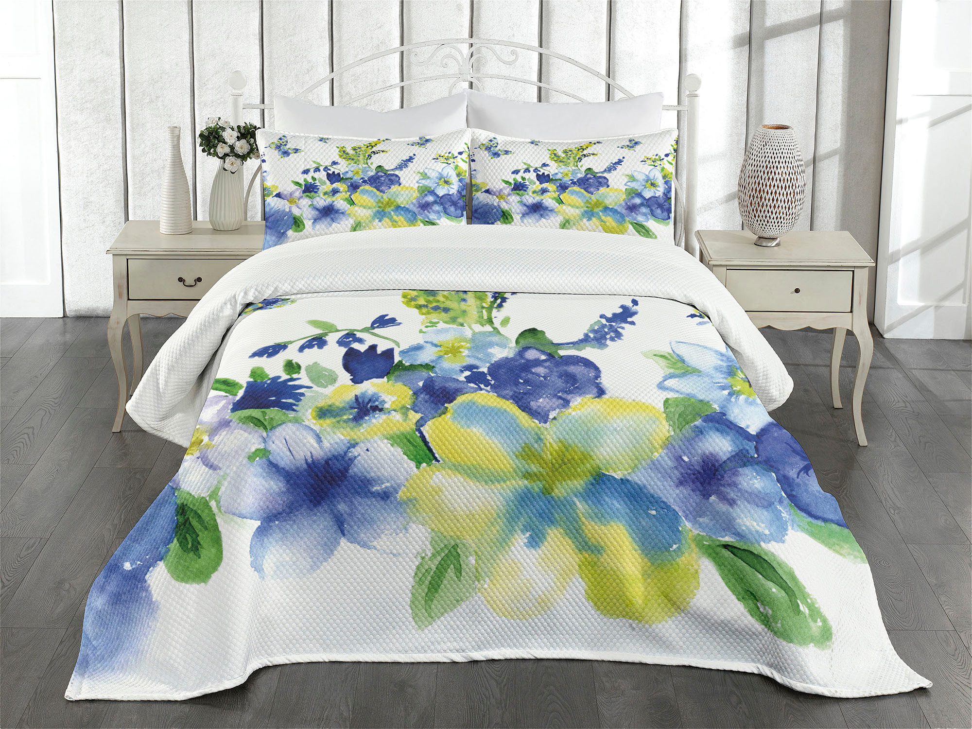 Ambesonne Yellow and Blue Bedspread Set Spring Blooms Lime Green Royal ...