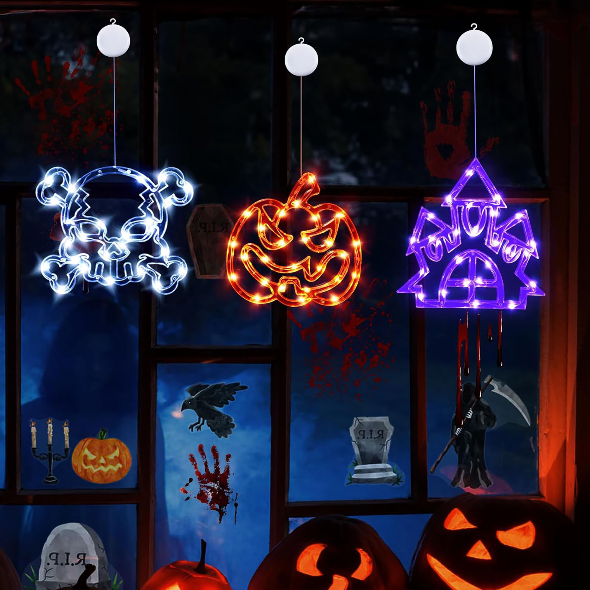 The Holiday Aisle® Halloween Window Lights, 3PCS Skull Pumpkin Castle ...