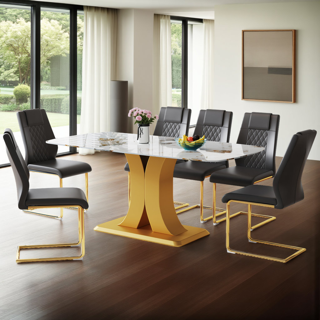 Mercer41 71" Luxury Pandora Glass Dining Table Set - Gold C-Shaped Legs ...