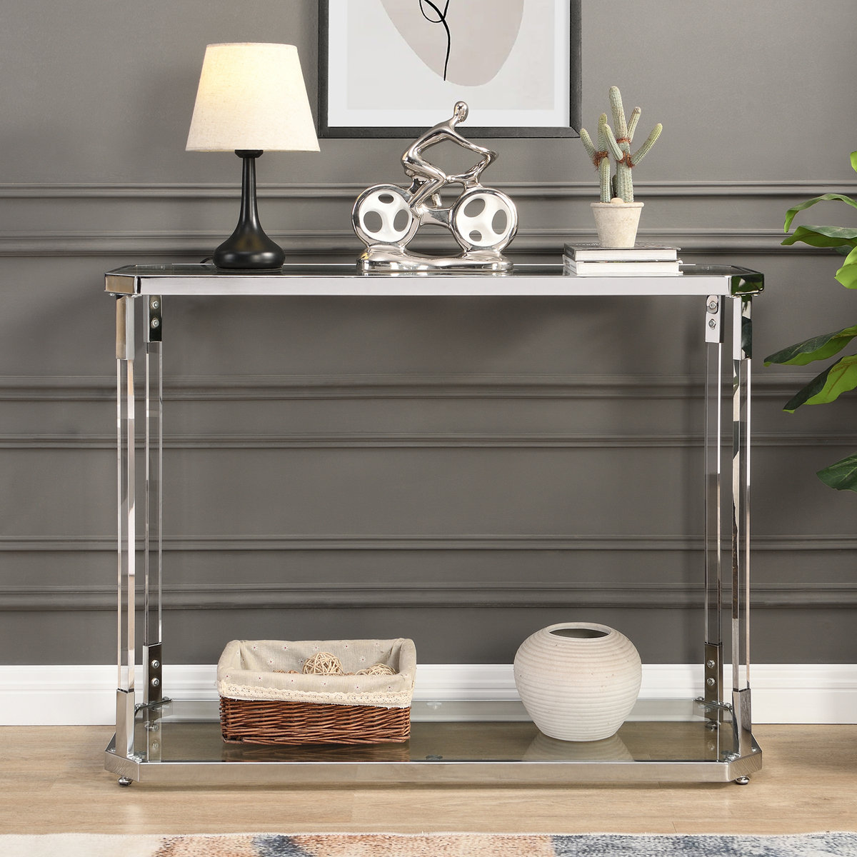 Ivy Bronx Modern Chrome And Acrylic Console Table With Glass Top And ...