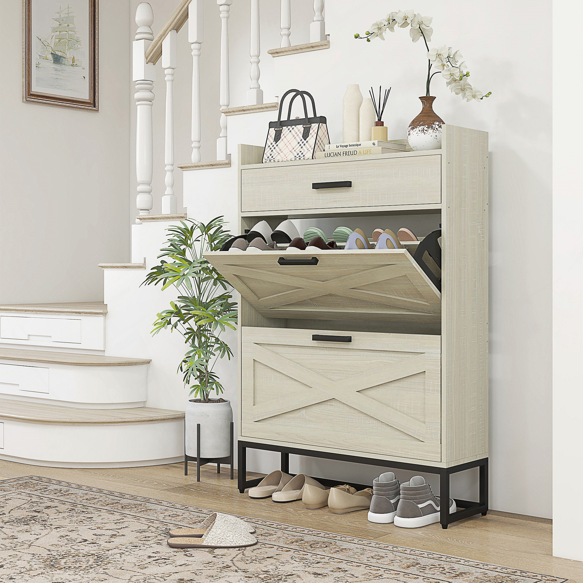 Gracie Oaks Range-chaussures industriel étroit avec 2 tiroirs ...