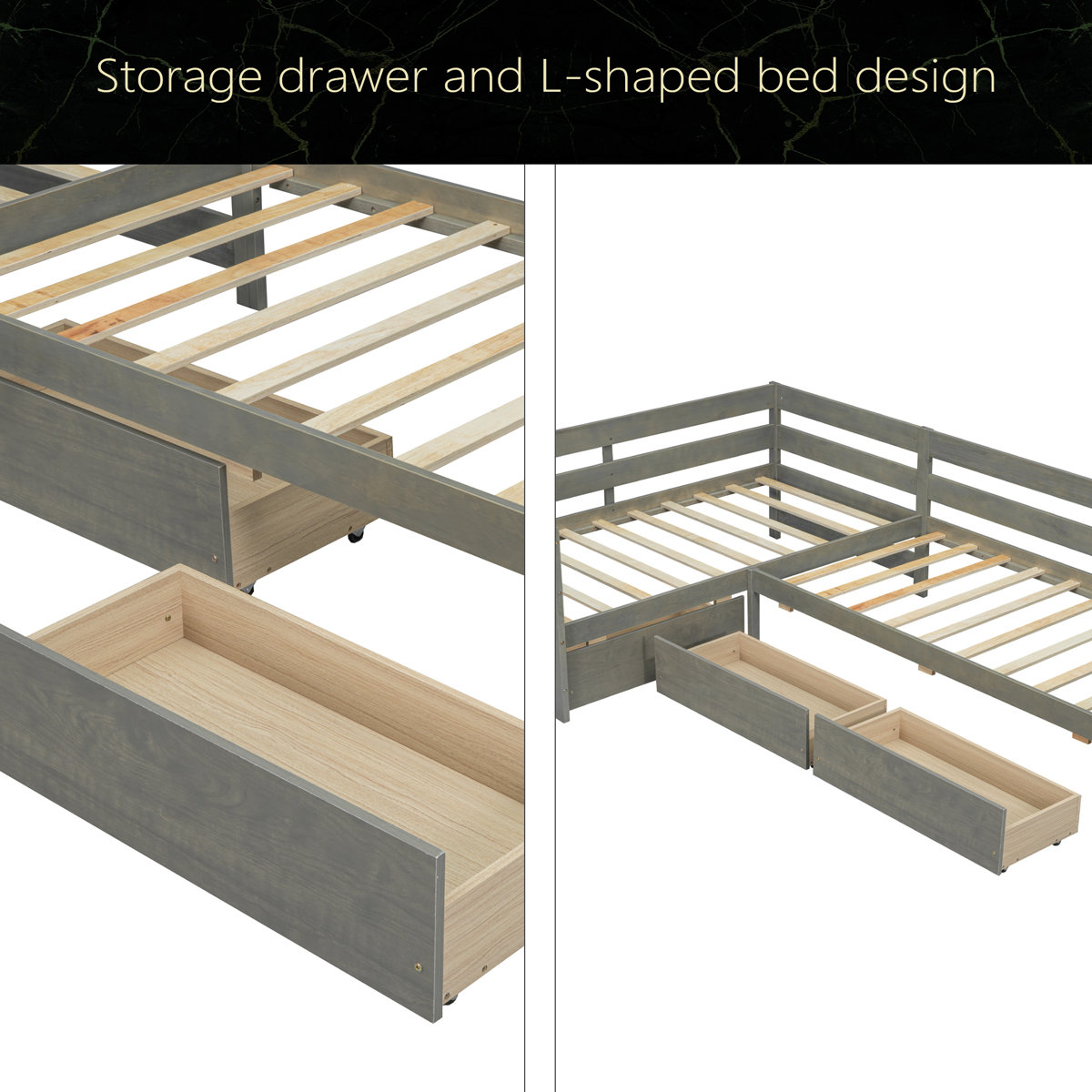 Lark Manor Twin Size L-Shaped Platform Bed With Three Storage Drawers ...