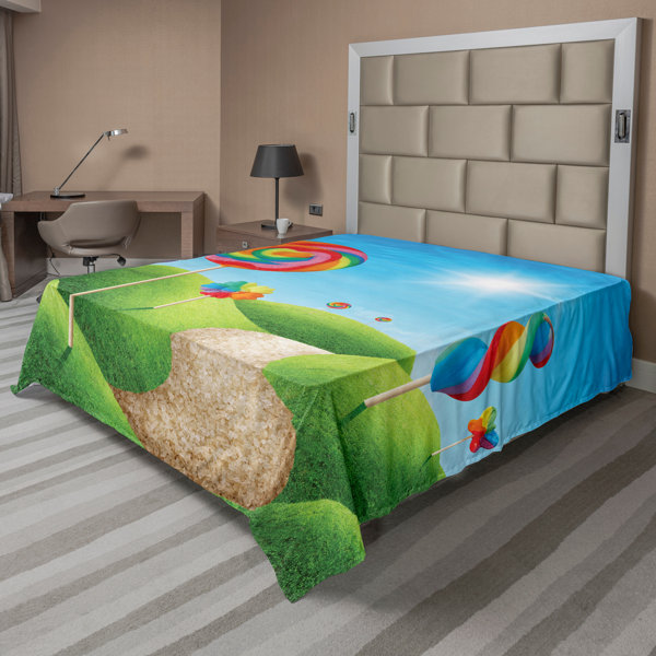 Ambesonne Fantasy Top Flat Sheet Candy Land Lollipops Queen Green Blue ...