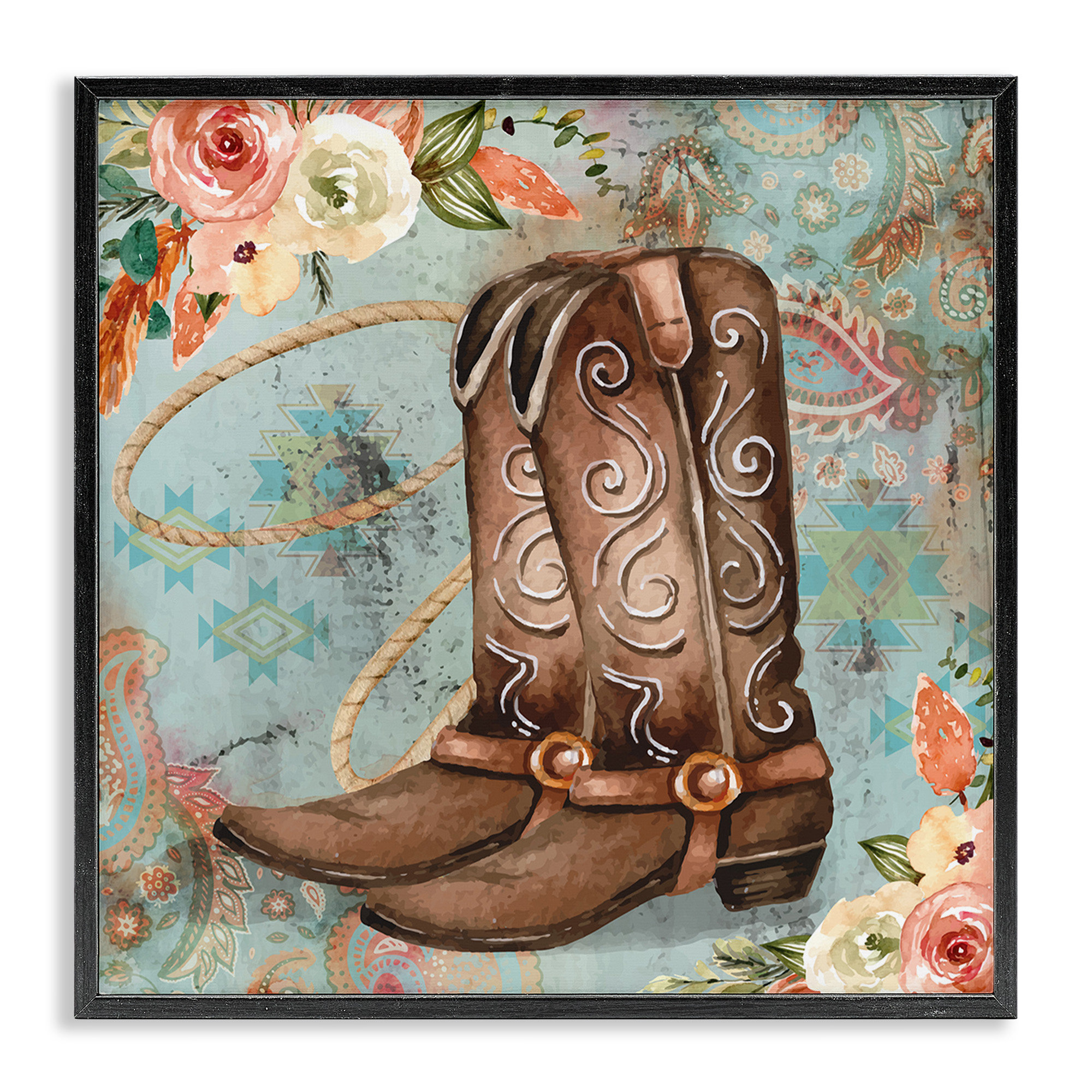 Stupell Industries Cowboy Boots Western Paisley Florals - Floater Frame ...