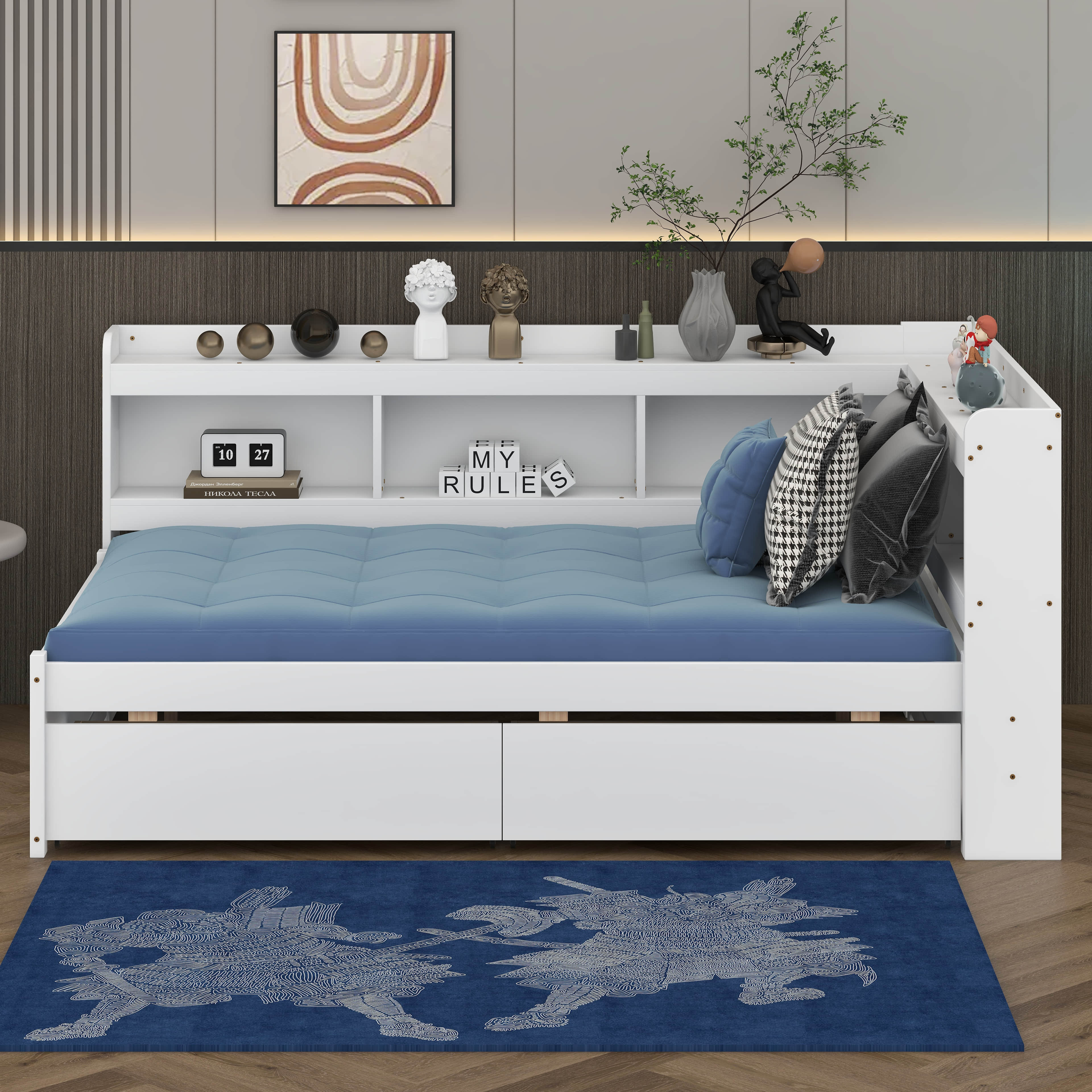 Red Barrel Studio Wooden Daybed Frame With L-Shaped Bookcases Headboard ...