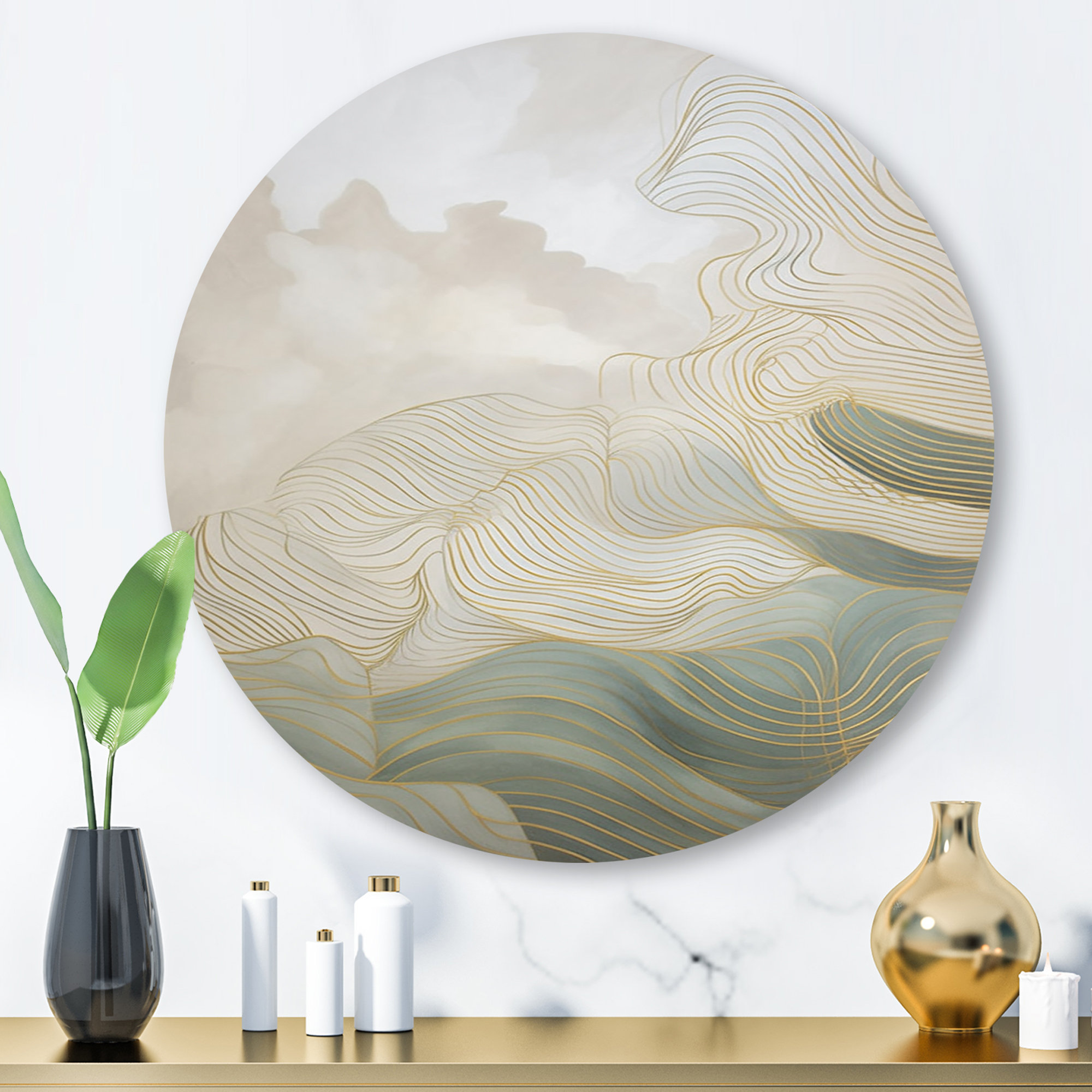 Mercer41 Gold And Grey Linear Expressions III - Abstract Line Art Round ...