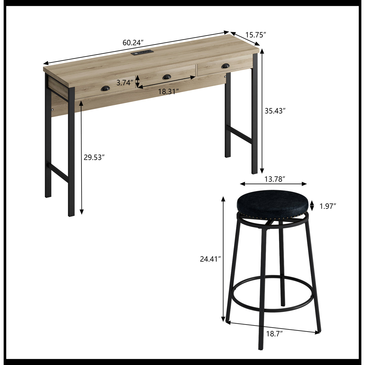 17 Stories 3-Drawer Long Dining Table Set with Power Outlets, Bar ...