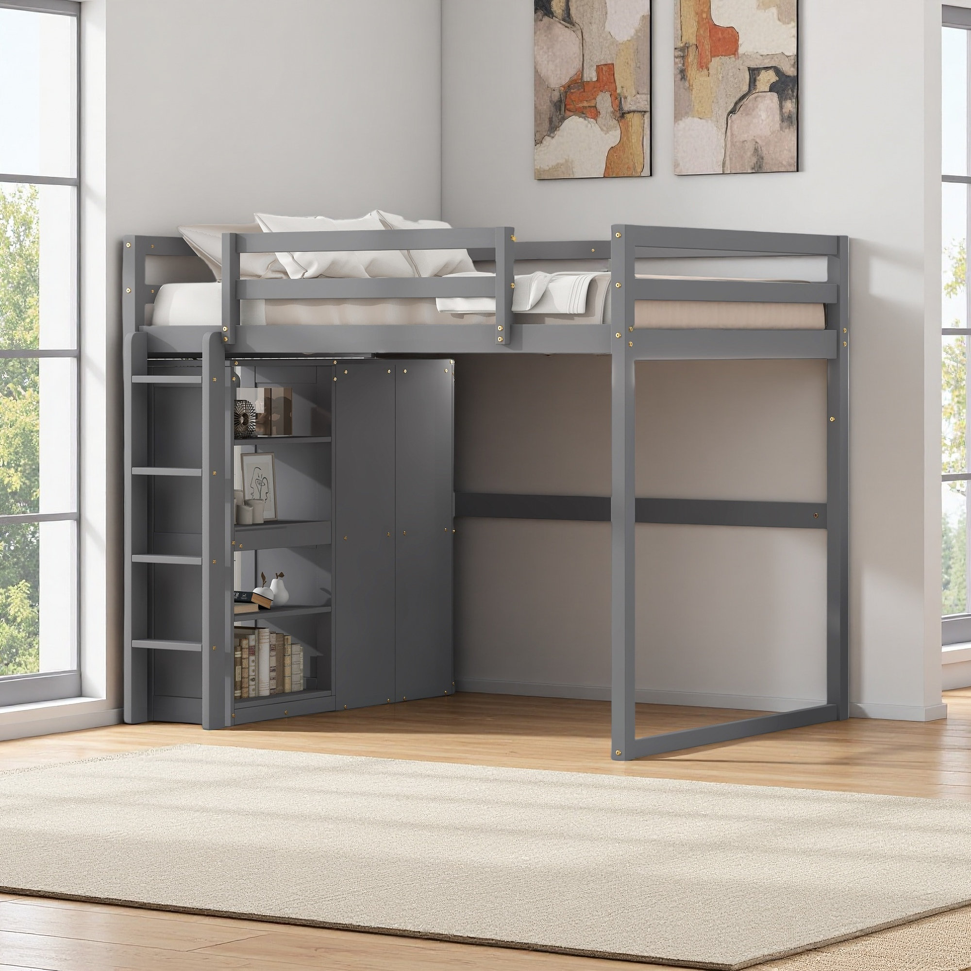 Harriet Bee Wood Full Size Loft Bed With Built-In Wardrobe And Storage ...