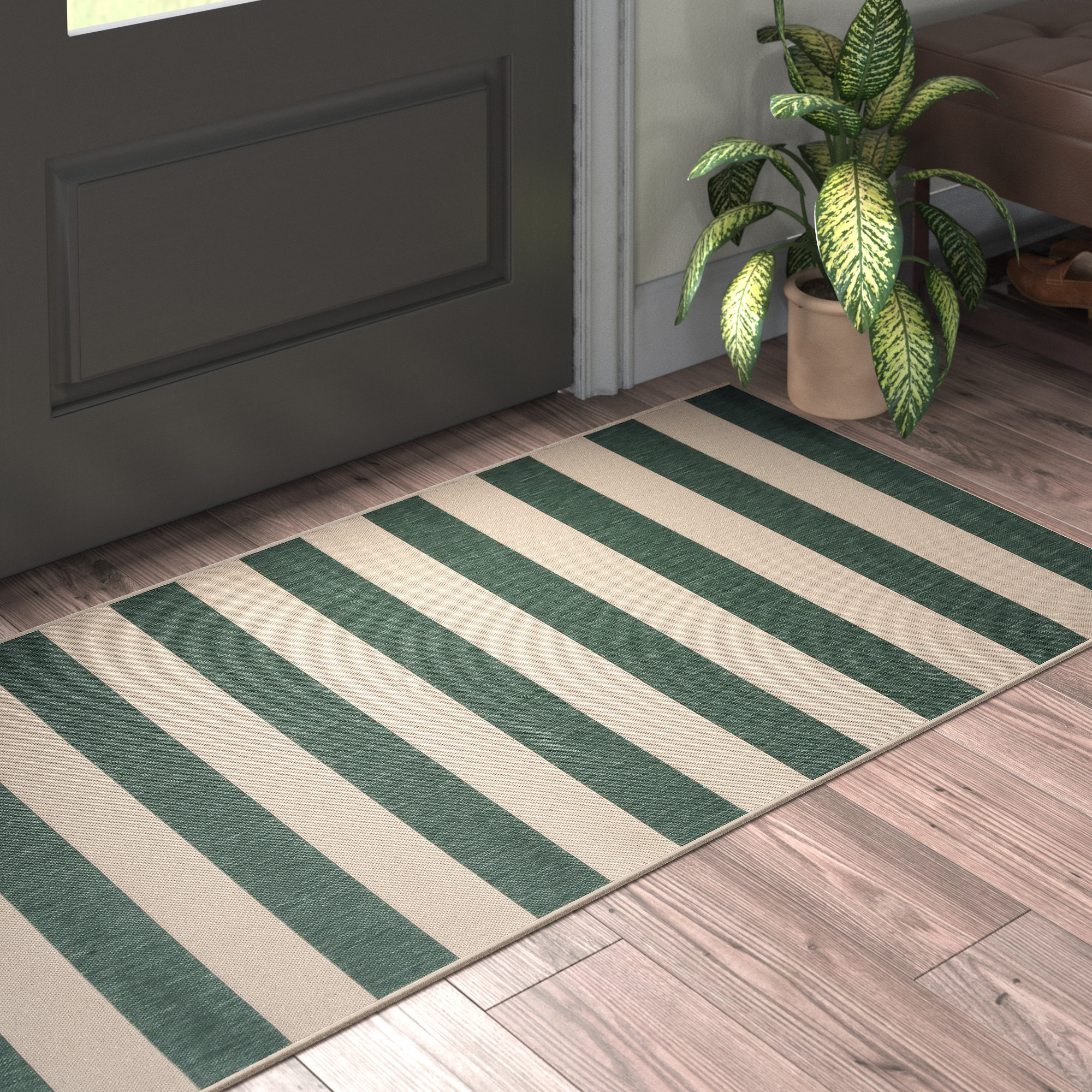 Sand & Stable™ Kempston Striped Beige/Dark Green Outdoor Area Rug ...