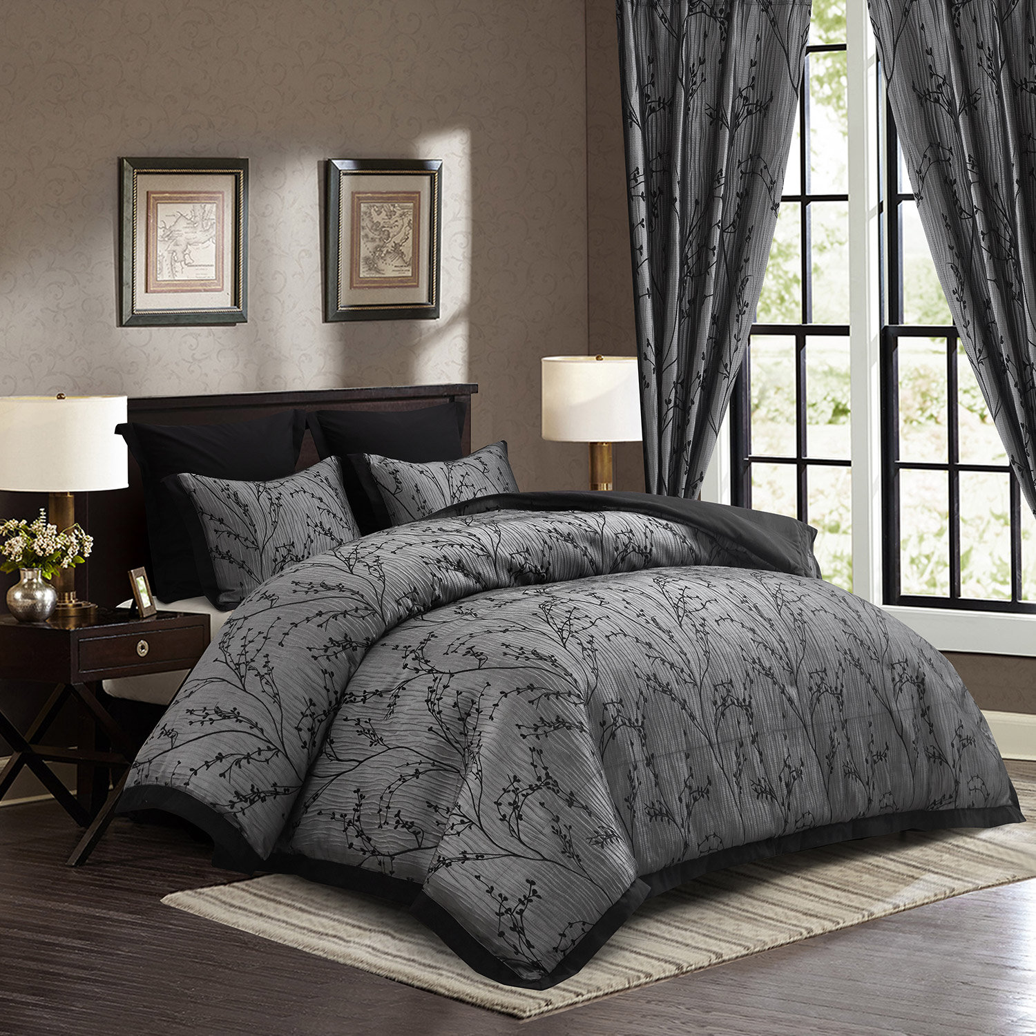 BRHF Red Jacquard Patchwork Comforter Set with Matching Curtains,Bed in ...