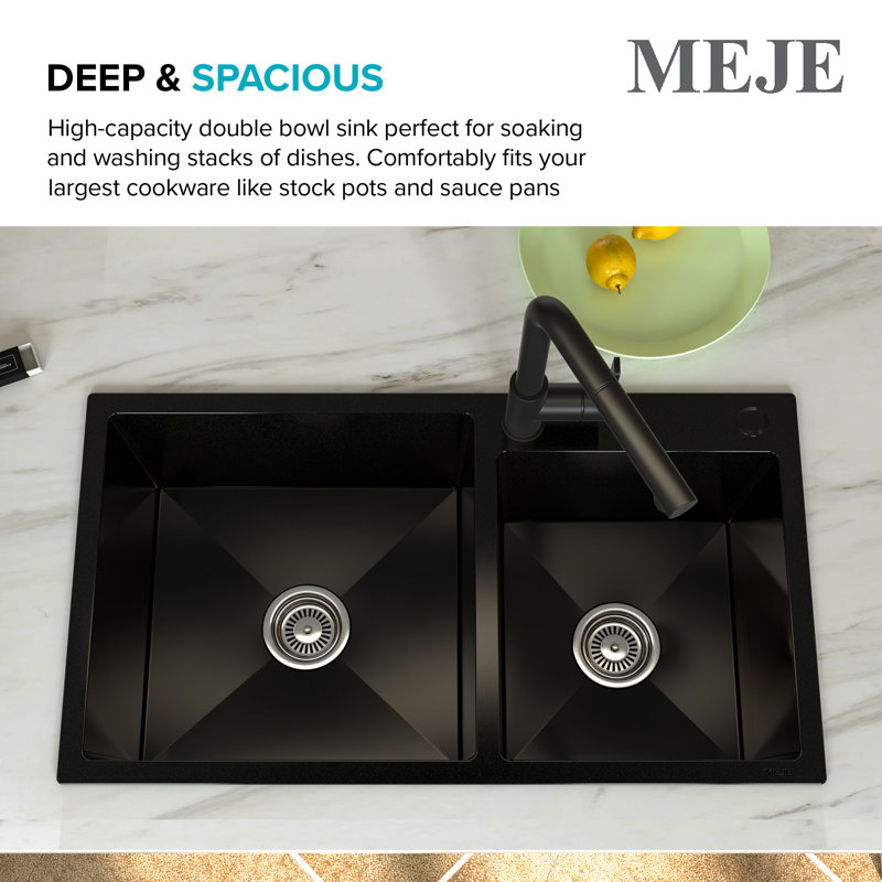 MEJE 30.75'' L Drop-In Double Bowl Stainless Steel Kitchen Sink ...