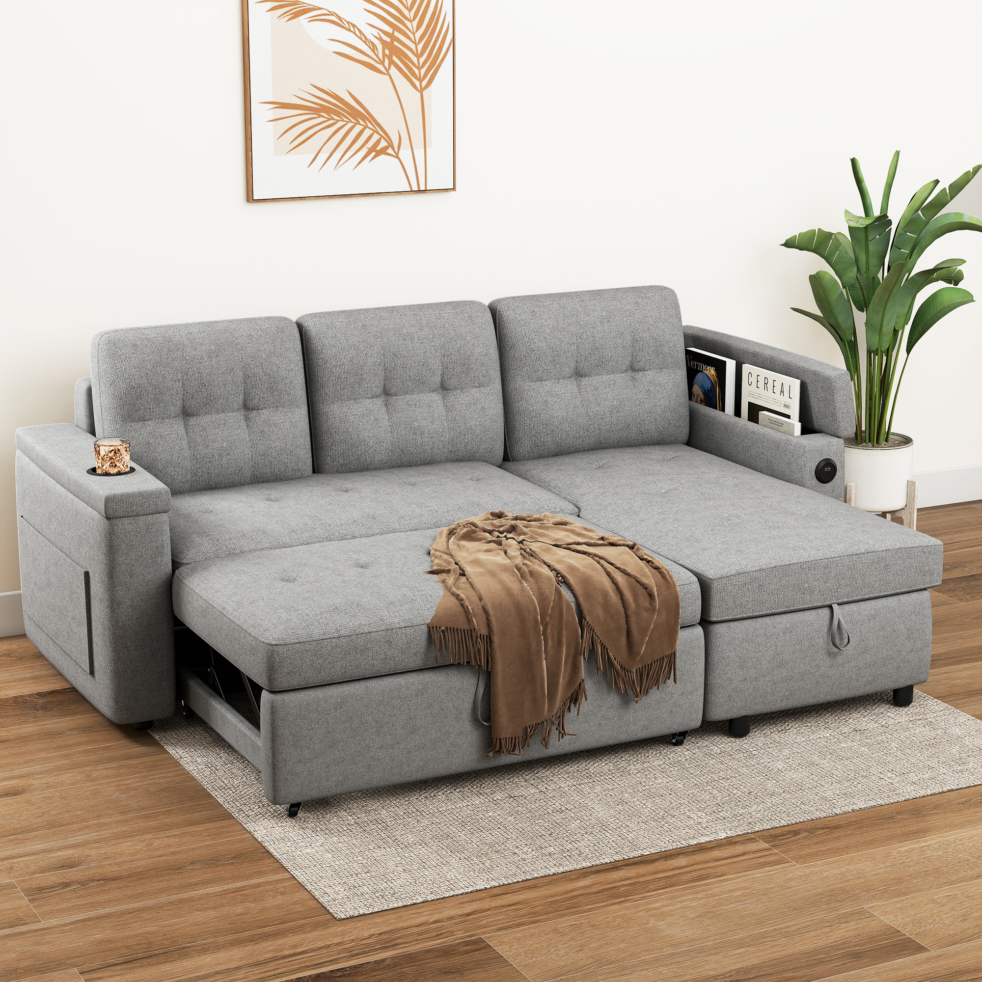 Ebern Designs Pull Out Sofa L-Shaped Sectional Couch With Storage ...