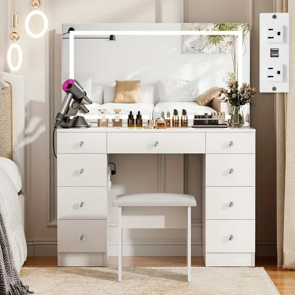 Latitude Run® 43" LED Lighted Makeup Vanity Desk Set With 9 Drawers ...