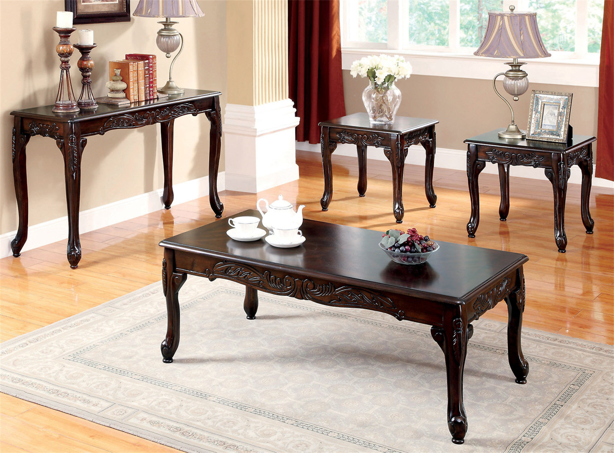 George Oliver 3Pc Coffee Table Traditional Style Dark Cherry Finish ...