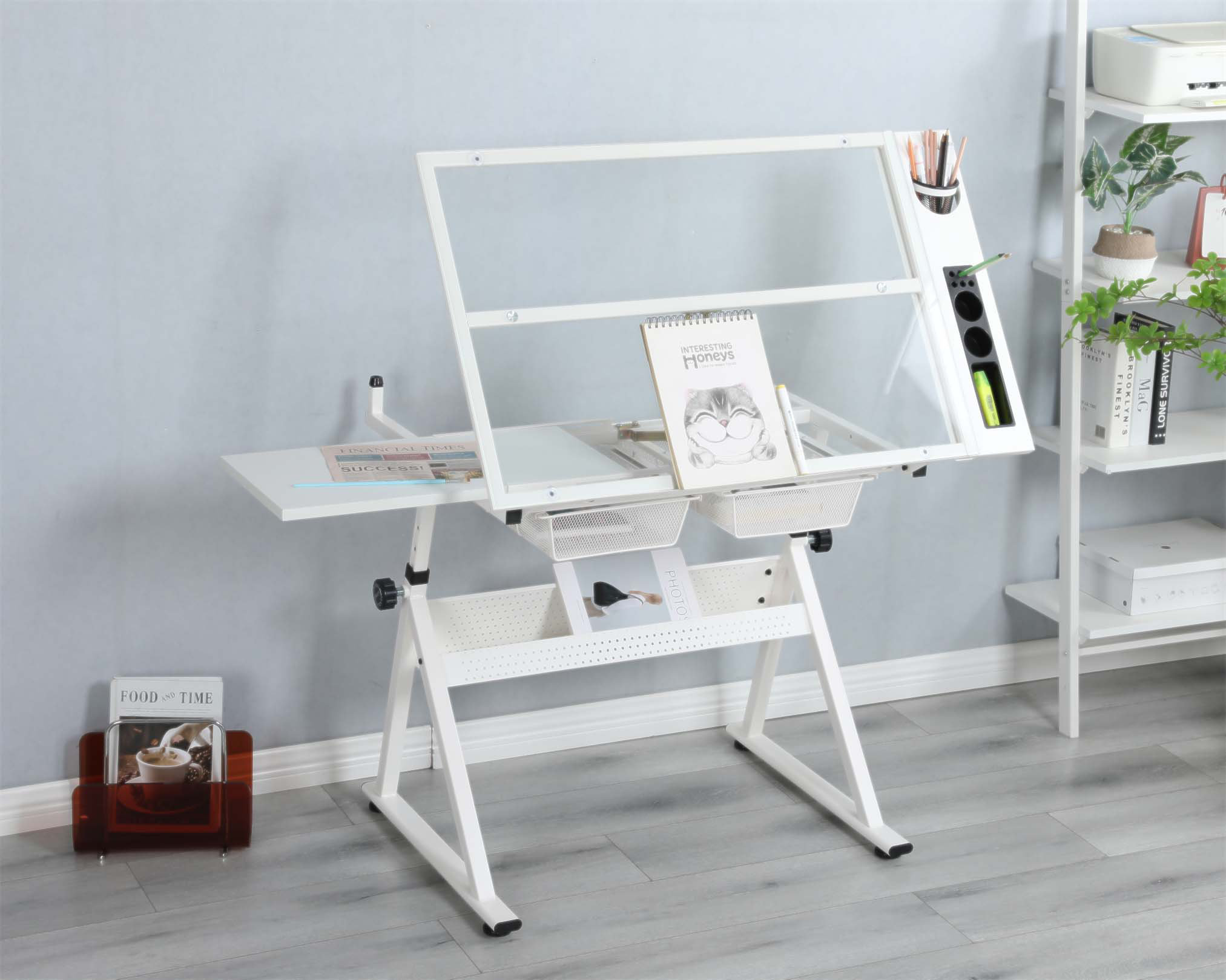 Ivy Bronx Adjustable Tempered Glass Drafting Table with Chair, Ideal ...