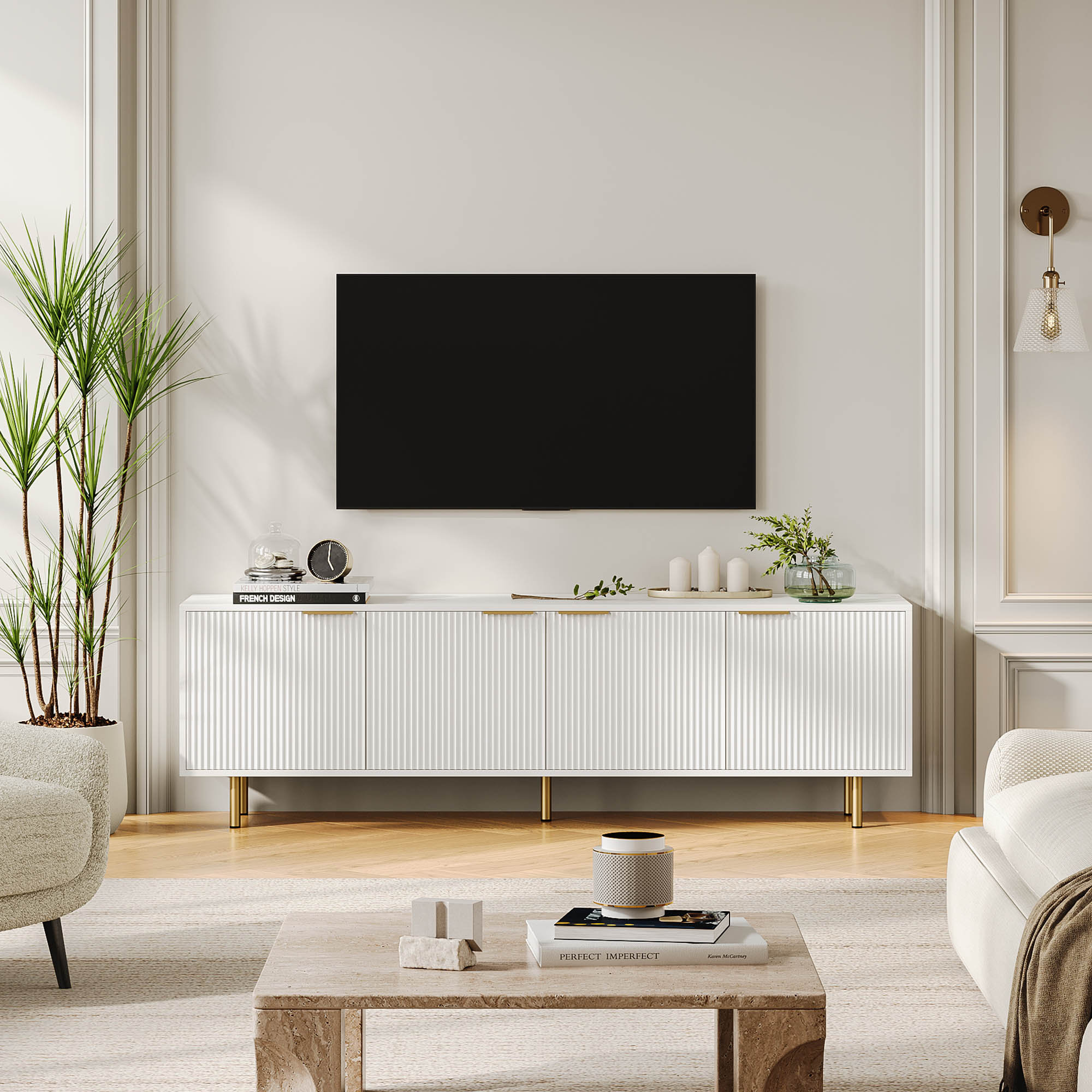Mercer41 Meuble télé blanc pour téléviseur de 75 po ou moins, console média avec porte rayée et ...