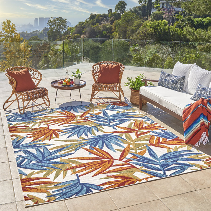 Gertmenian Fosel Bumba Blue/Orange/Ivory Tropical Leaf Flatweave Indoor ...