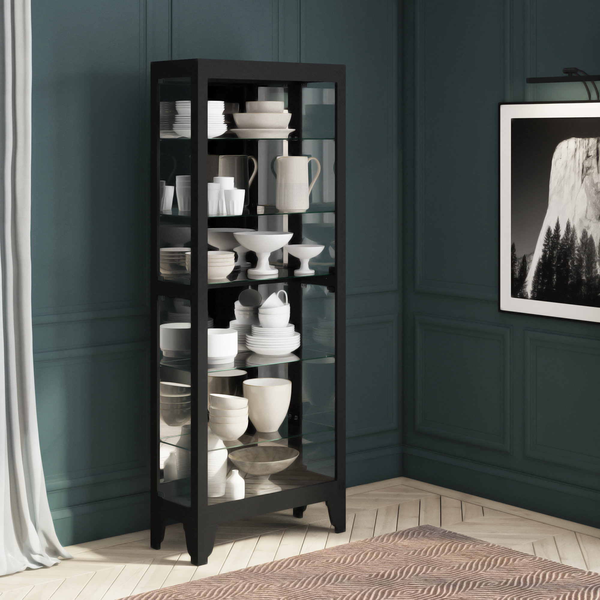 Greyleigh™ Flagg Lighted Gallery Style 5 Shelf Curio Cabinet in Onyx ...