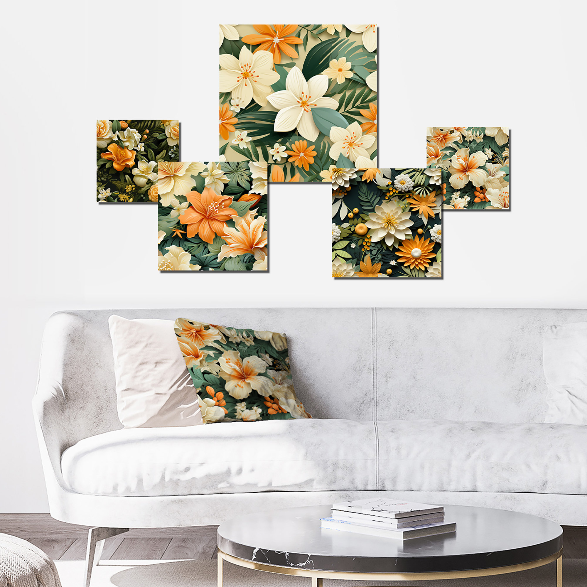 Design Art Mango Bloom Tropical Pattern - Floral Wall Art Set Of 5 ...