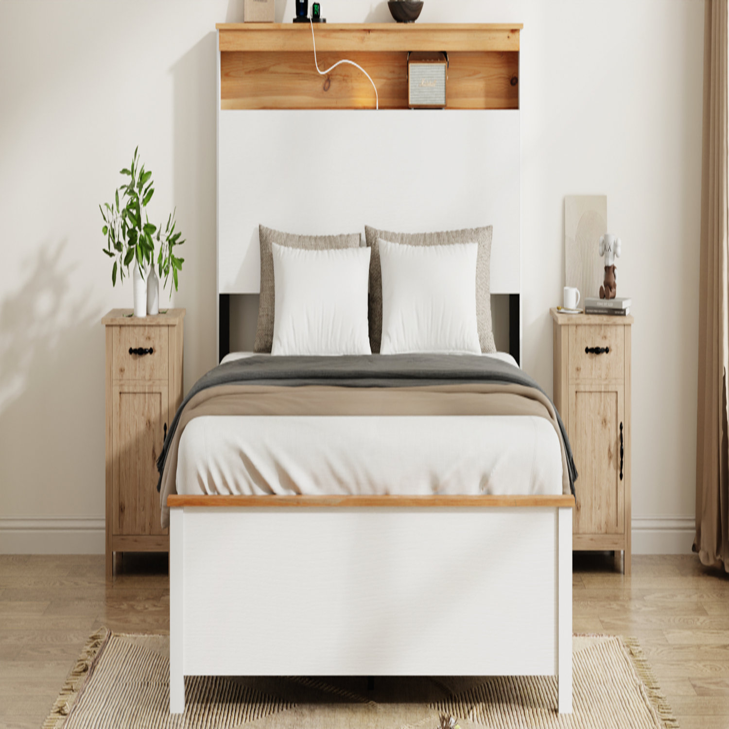 Ivy Bronx WOODEN BED STAND WITH CHARGING STATION AND STORAGE HEADBOARD ...