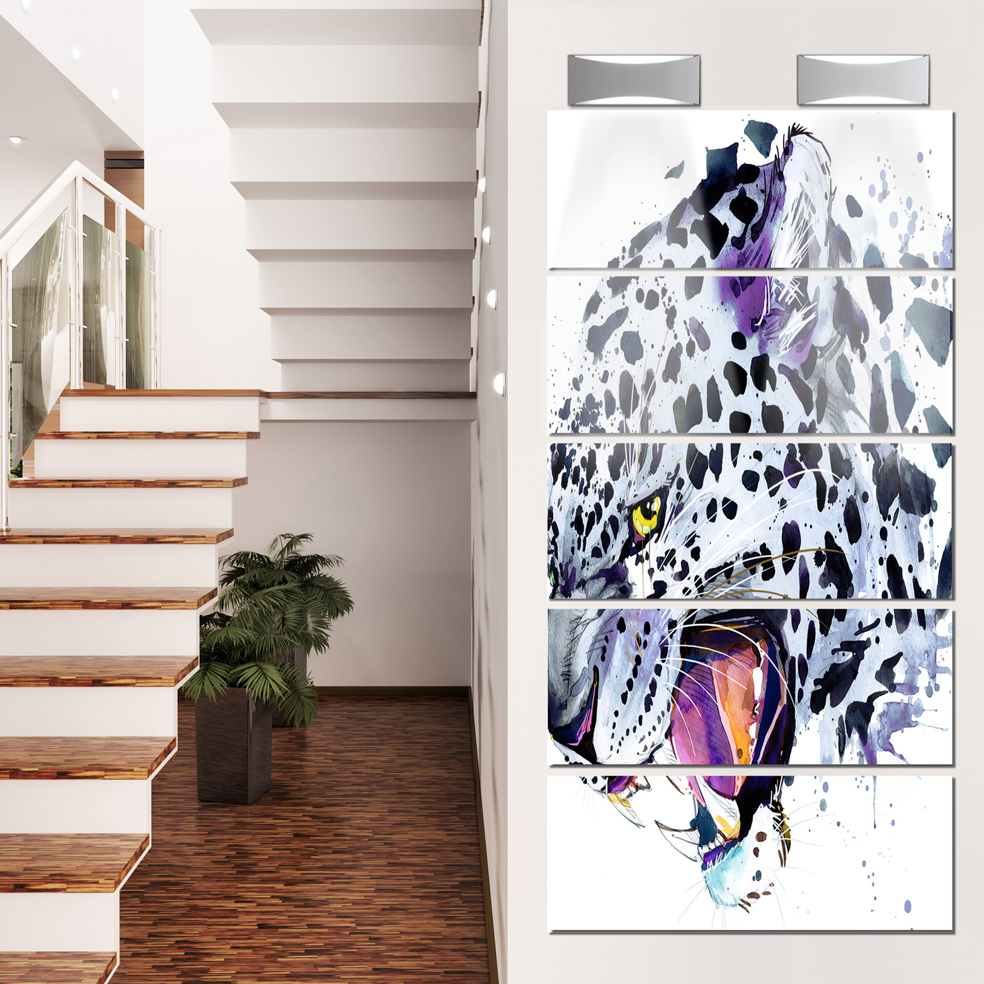 Design Art 'Ferocious Snow Leopard Face' 5 Piece Graphic Art on Metal ...
