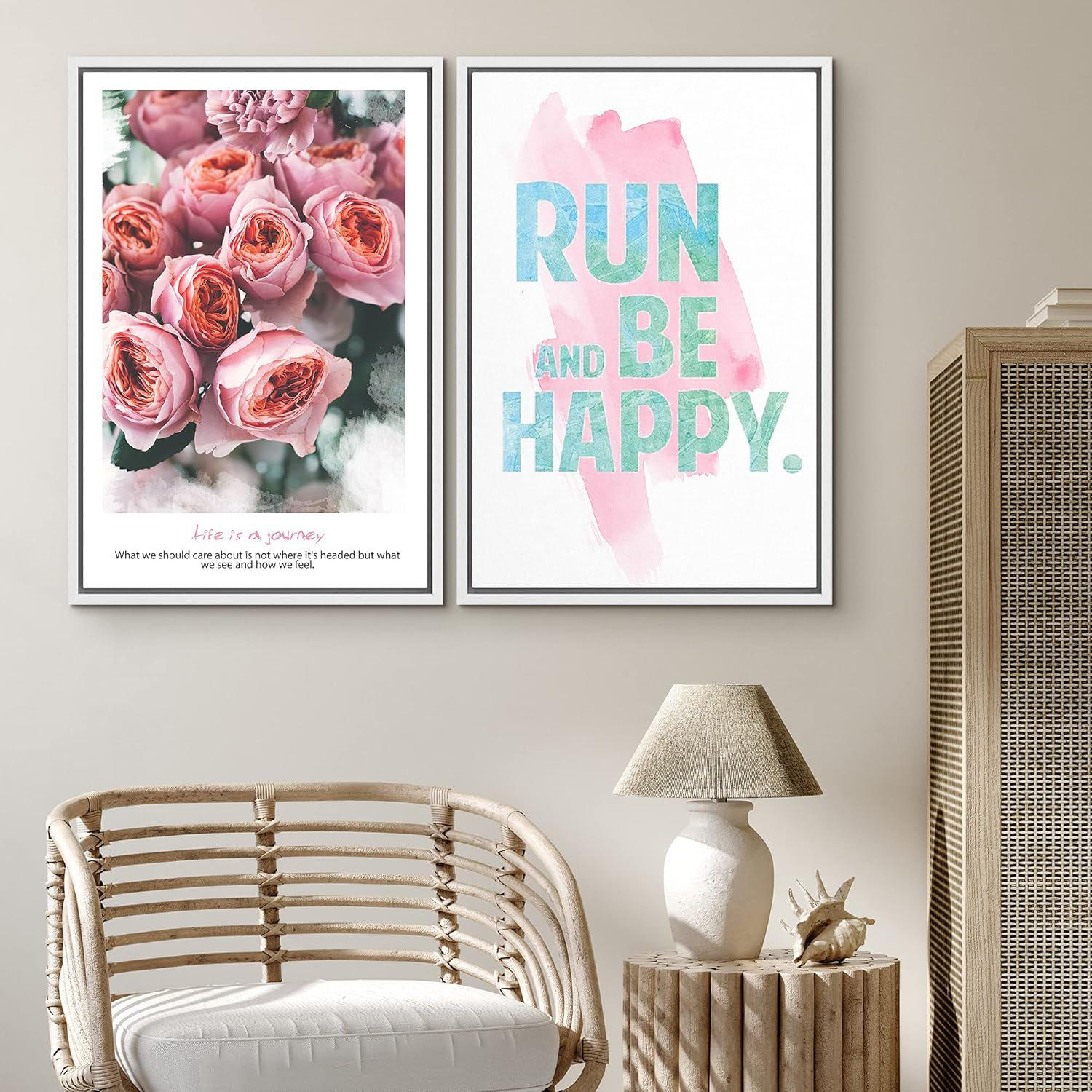 wall26 Rose & Happy Phrase Duo Floral Motivation Pop Art Glam Panoramic ...