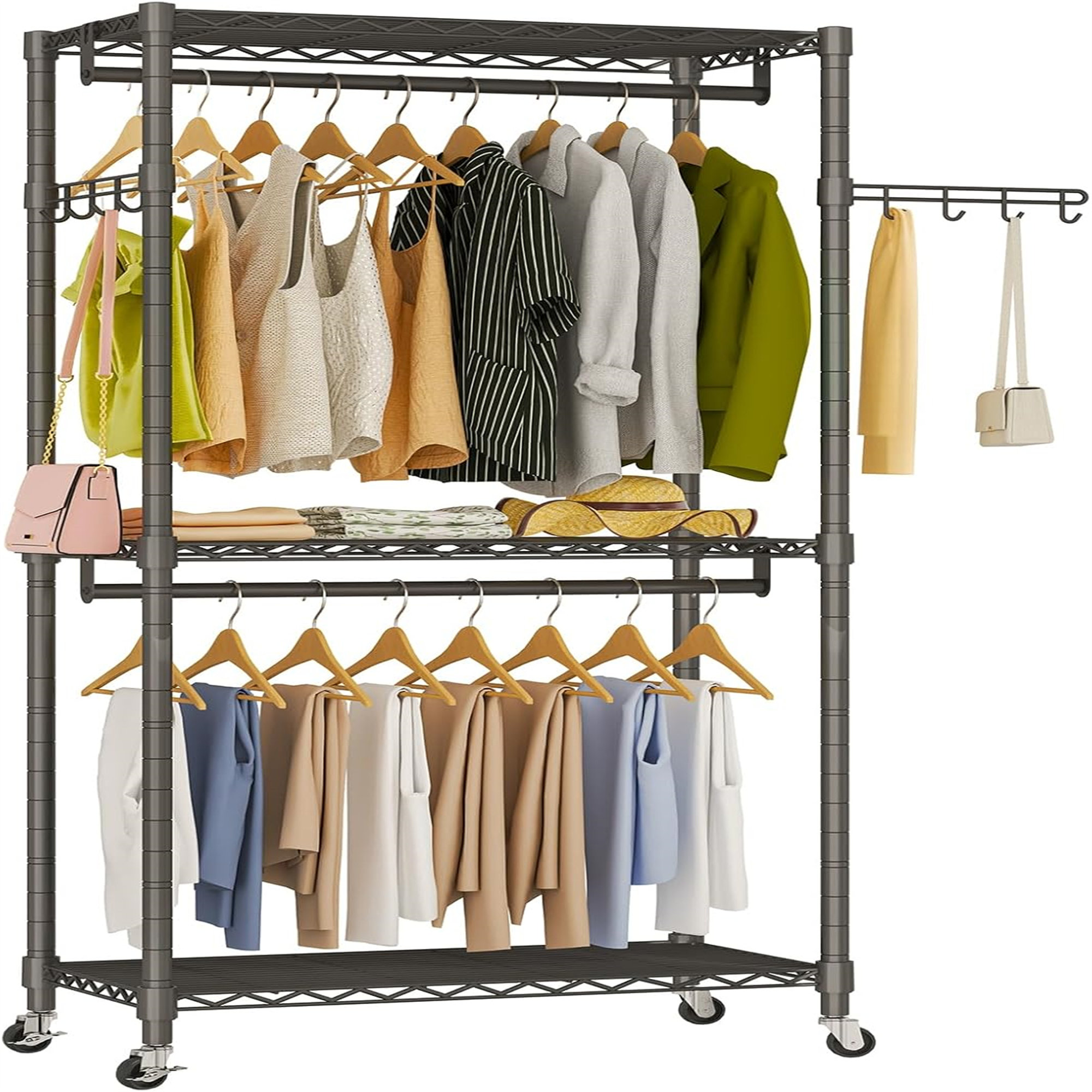 Hokku Designs Heavy Duty Rolling Hanger, 3 Wire Shelves, Adjustable ...