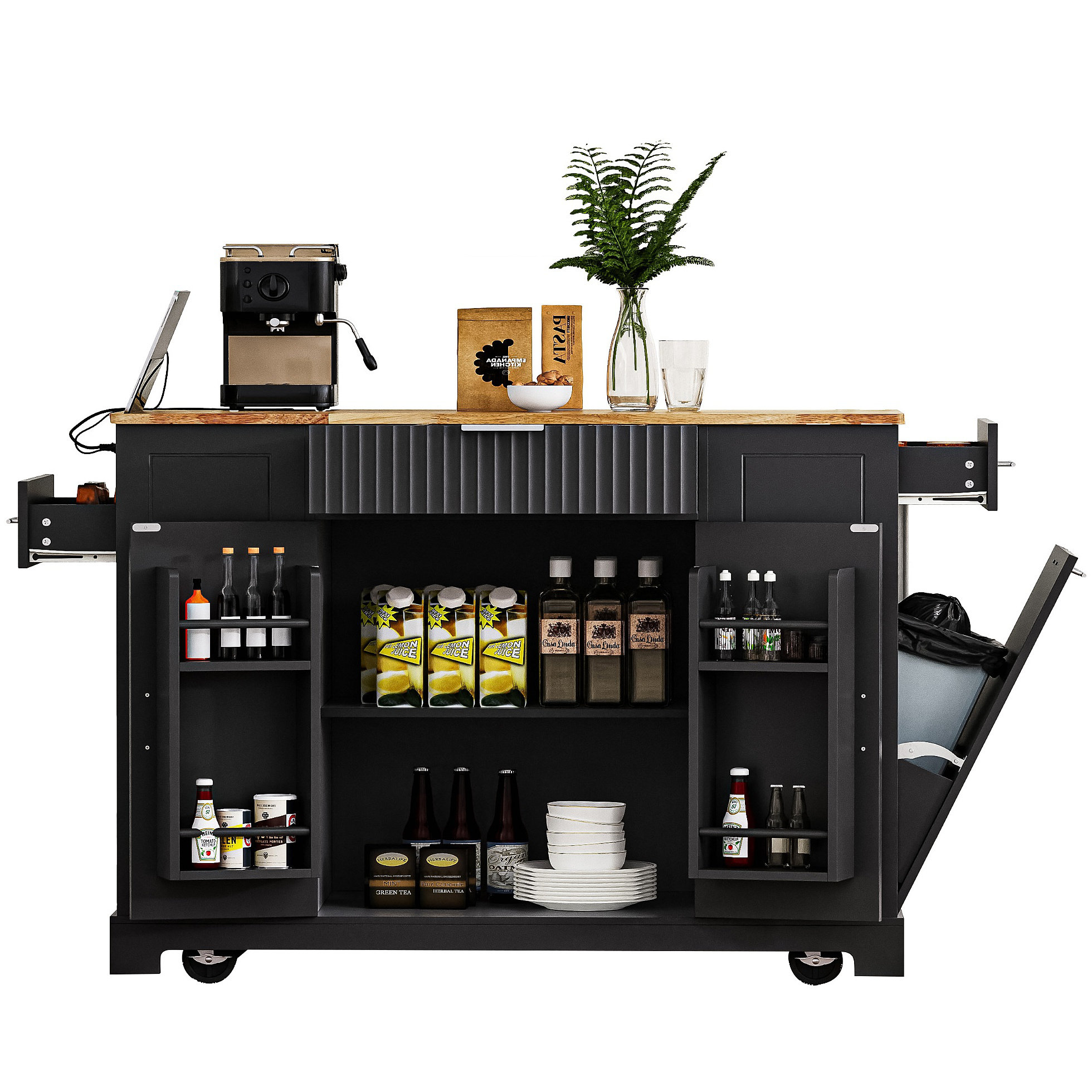 Ebern Designs Fluted Kitchen Island With Trash Can Storage Cabinet ...