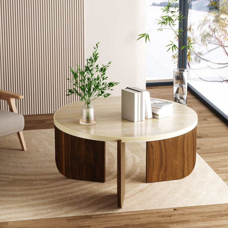 Wrought Studio Elegant Round Travertine Texture Coffee Table – 28.4 ...