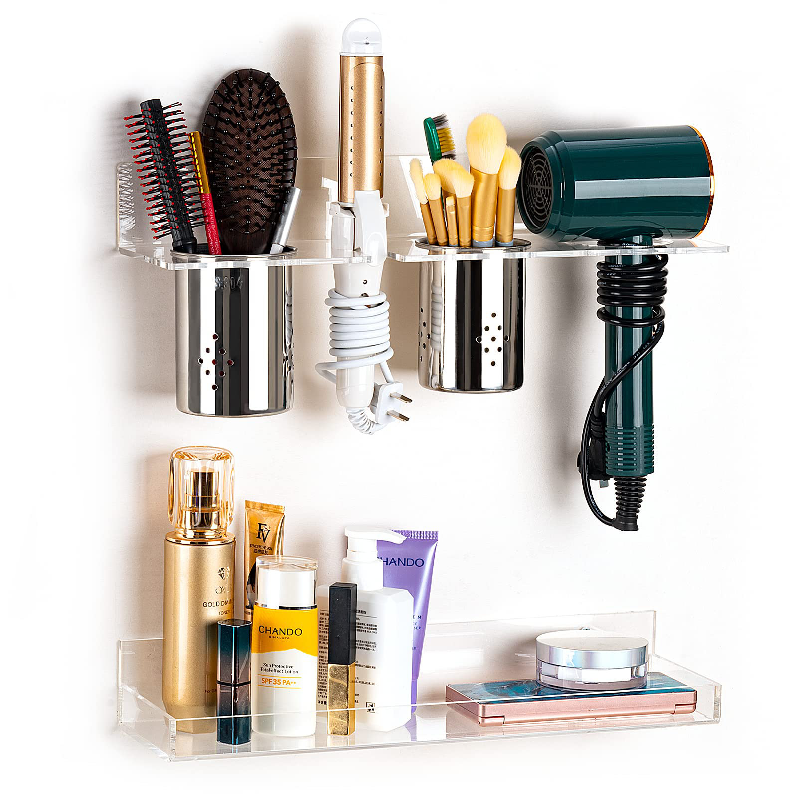 Orren Ellis Hair Tool Organizer Wall Mount, Set Of 2 Acrylic Hair Dryer ...