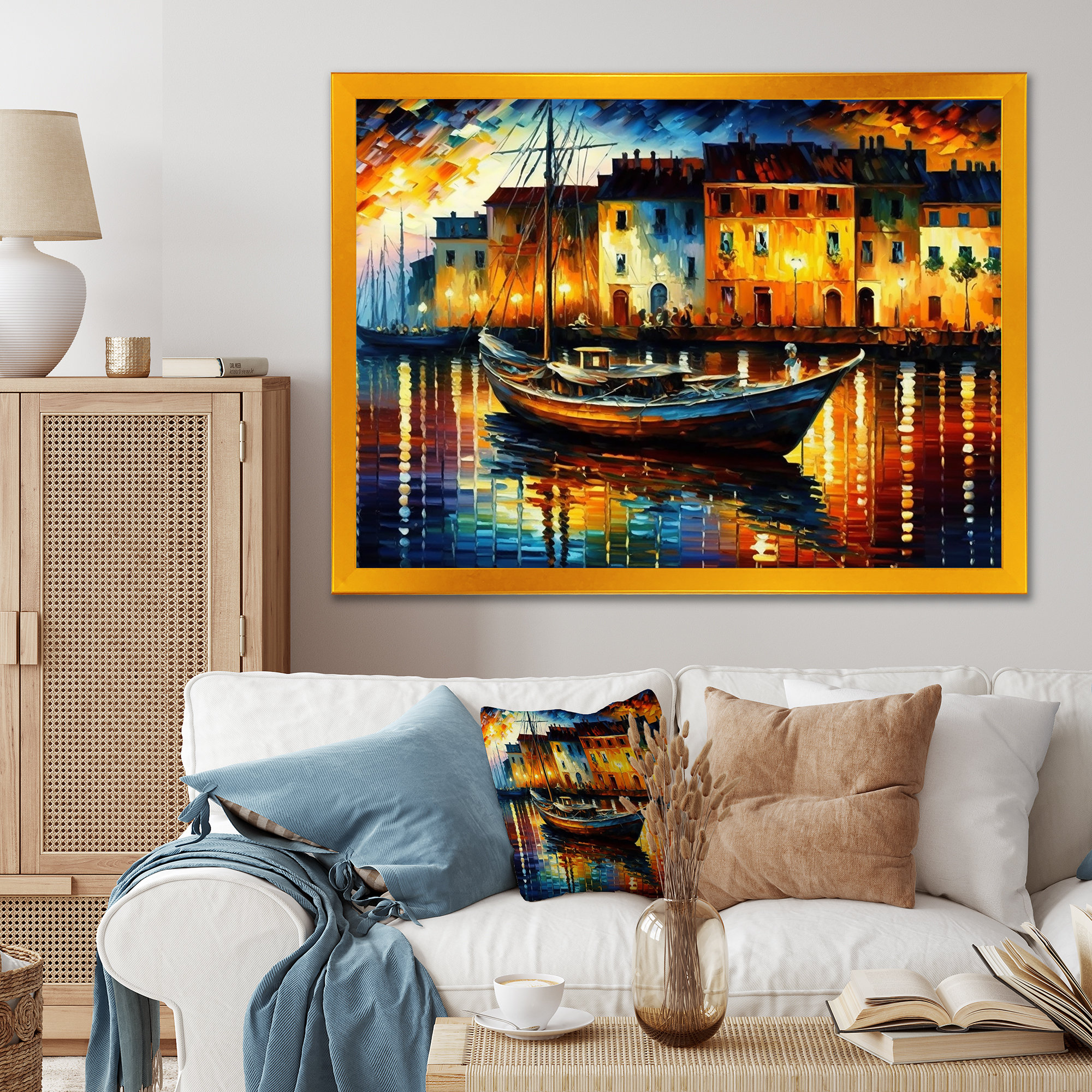 Design Art Colorful Port with Fishing Boat I - Print on Canvas | Wayfair