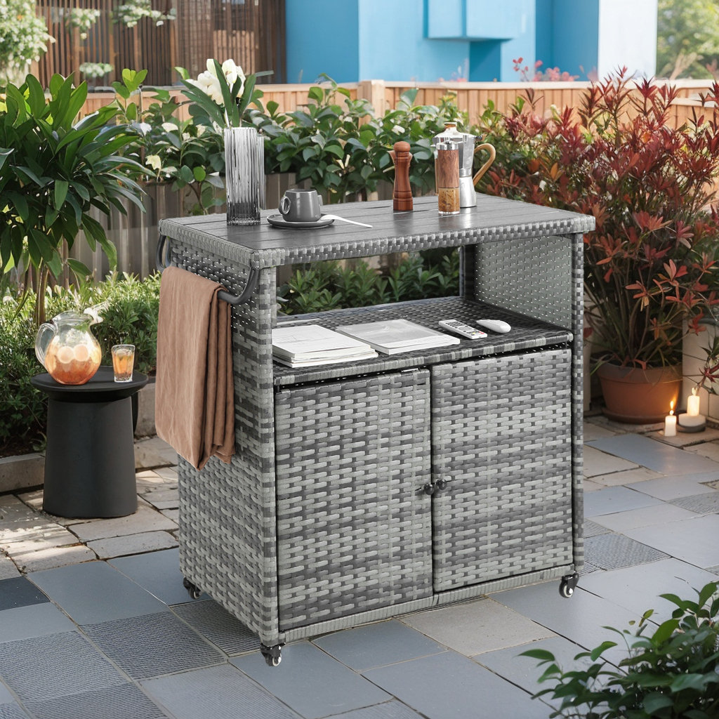 Dovecove Outdoor Wicker Bar Cart, Patio Wine Serving Cart w/Wheels ...