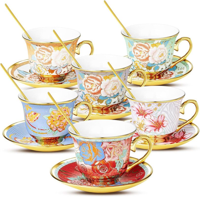 Bloomsbury Market 6-Piece 8 Oz Floral Tea Cups & Saucers Set with ...