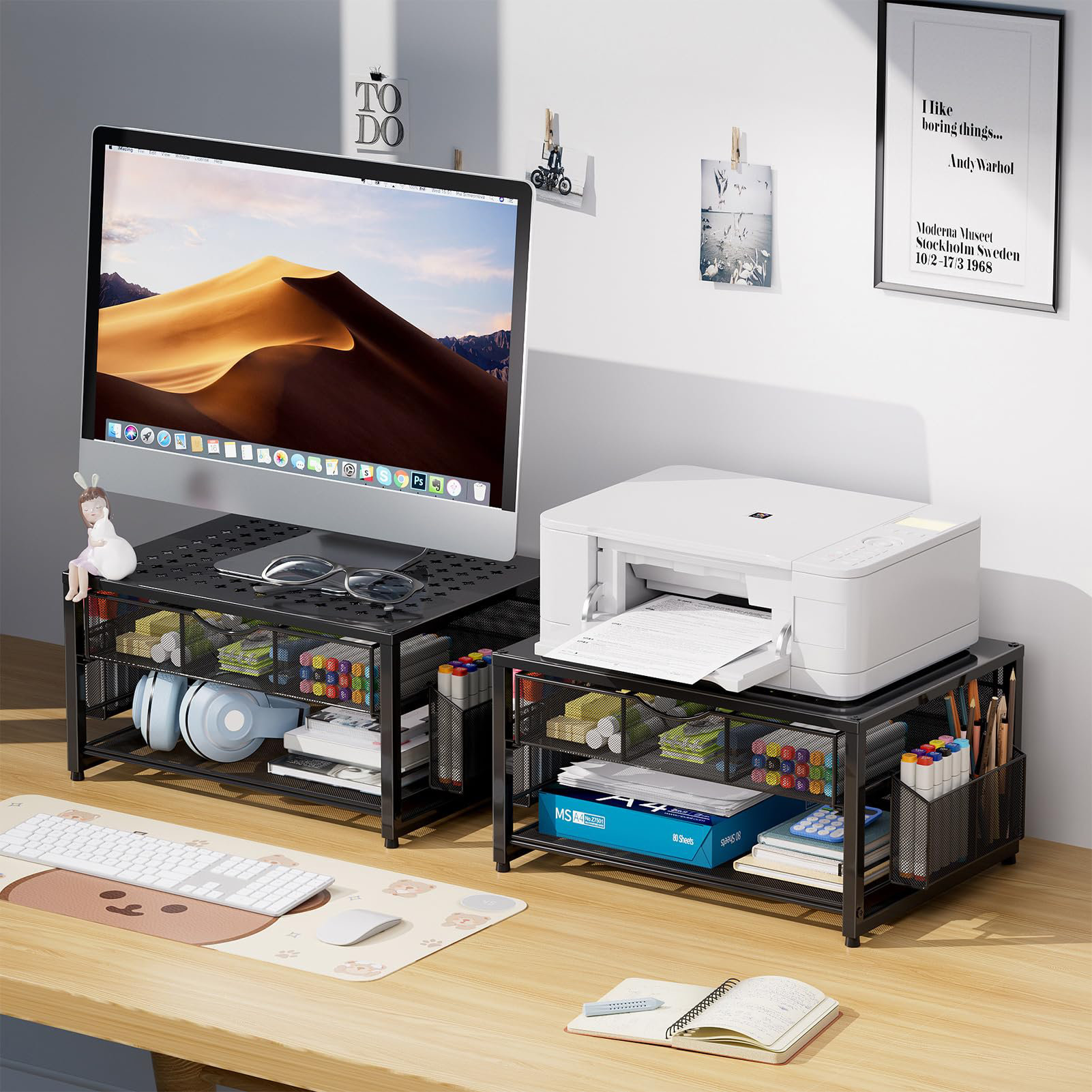 LEERWEI Metal Printer Stand For Desk With Storage Drawer And 2 Pen ...