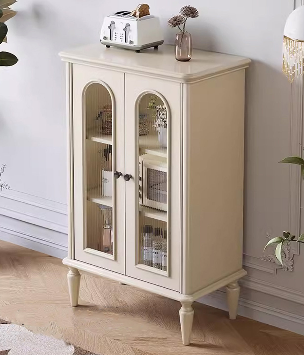 HOBULT American White Long Rainbow Glass Pantry Cabinet Living Room ...