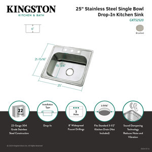Kingston Brass Studio 25-Inch Stainless Steel Self-Rimming 3-Hole ...