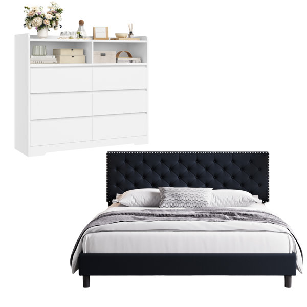 Winston Porter Fransisca 2-Piece Bedroom Set, 6 Drawer Dresser + Tufted ...