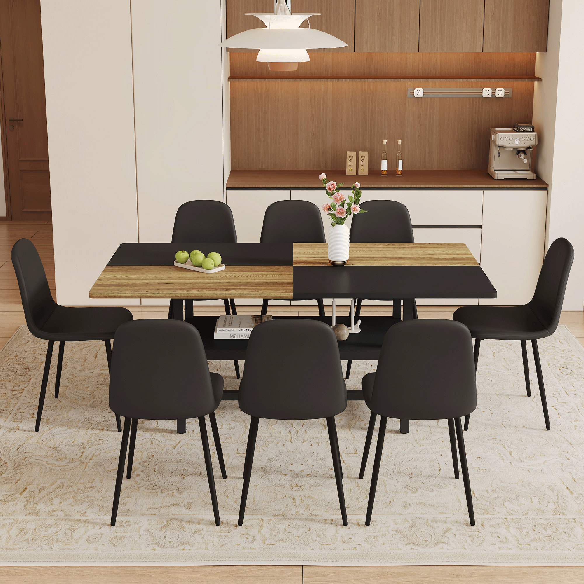 George Oliver 9pcs Wood and Black Spliced Dining Table Set with Storage ...