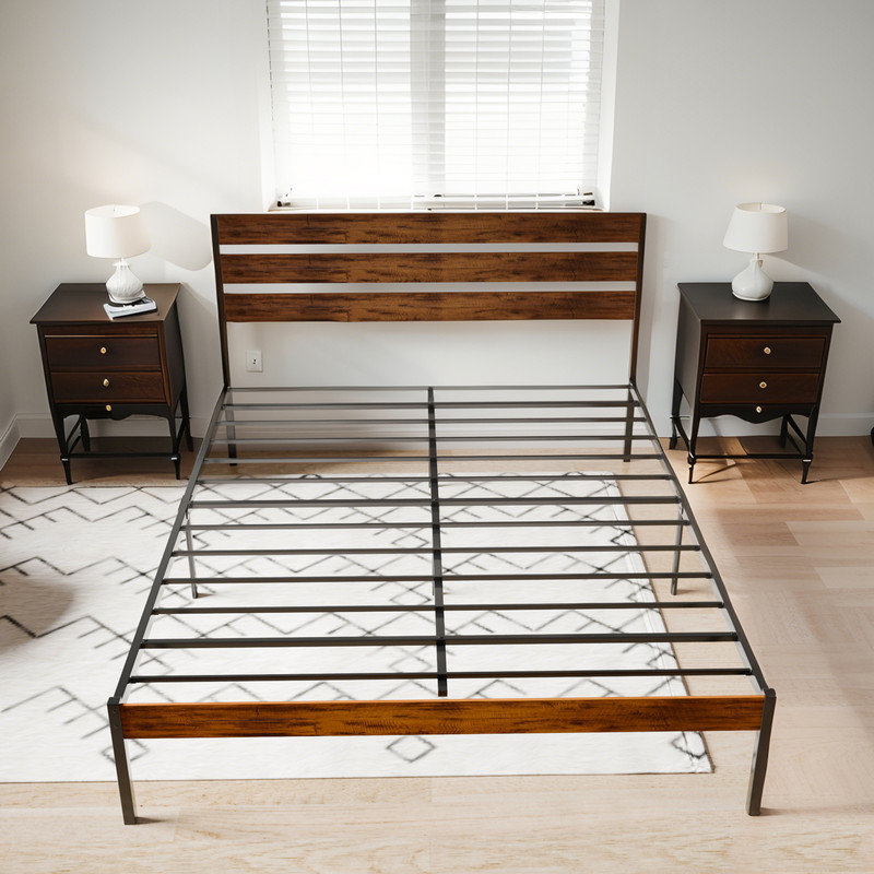 17 Stories Rustic Brown Iron Platform Bed Frame with Exquisite Wood ...