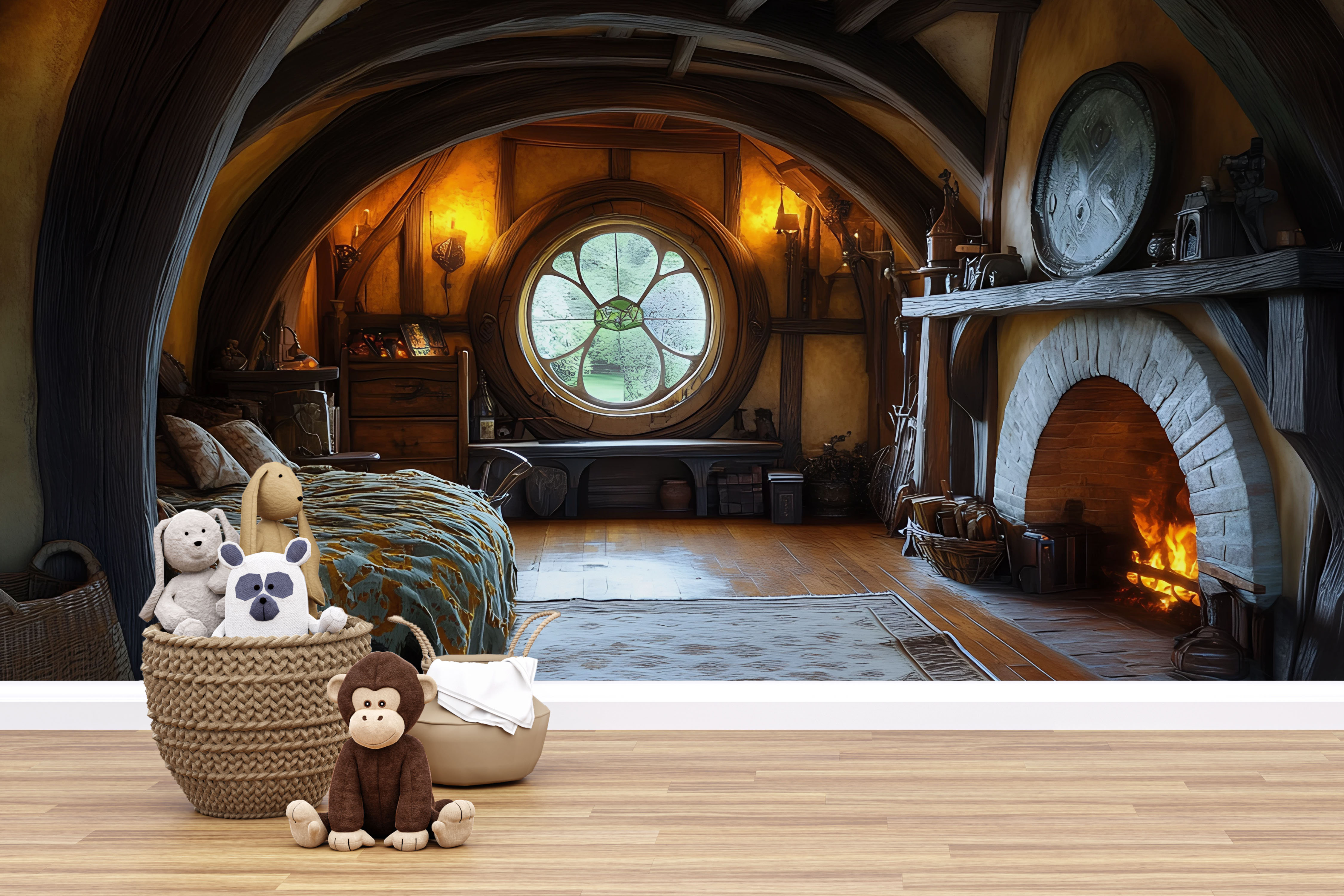 Hokku Designs Cozy Hobbit Bedroom Interior Wallpaper With Round Window ...