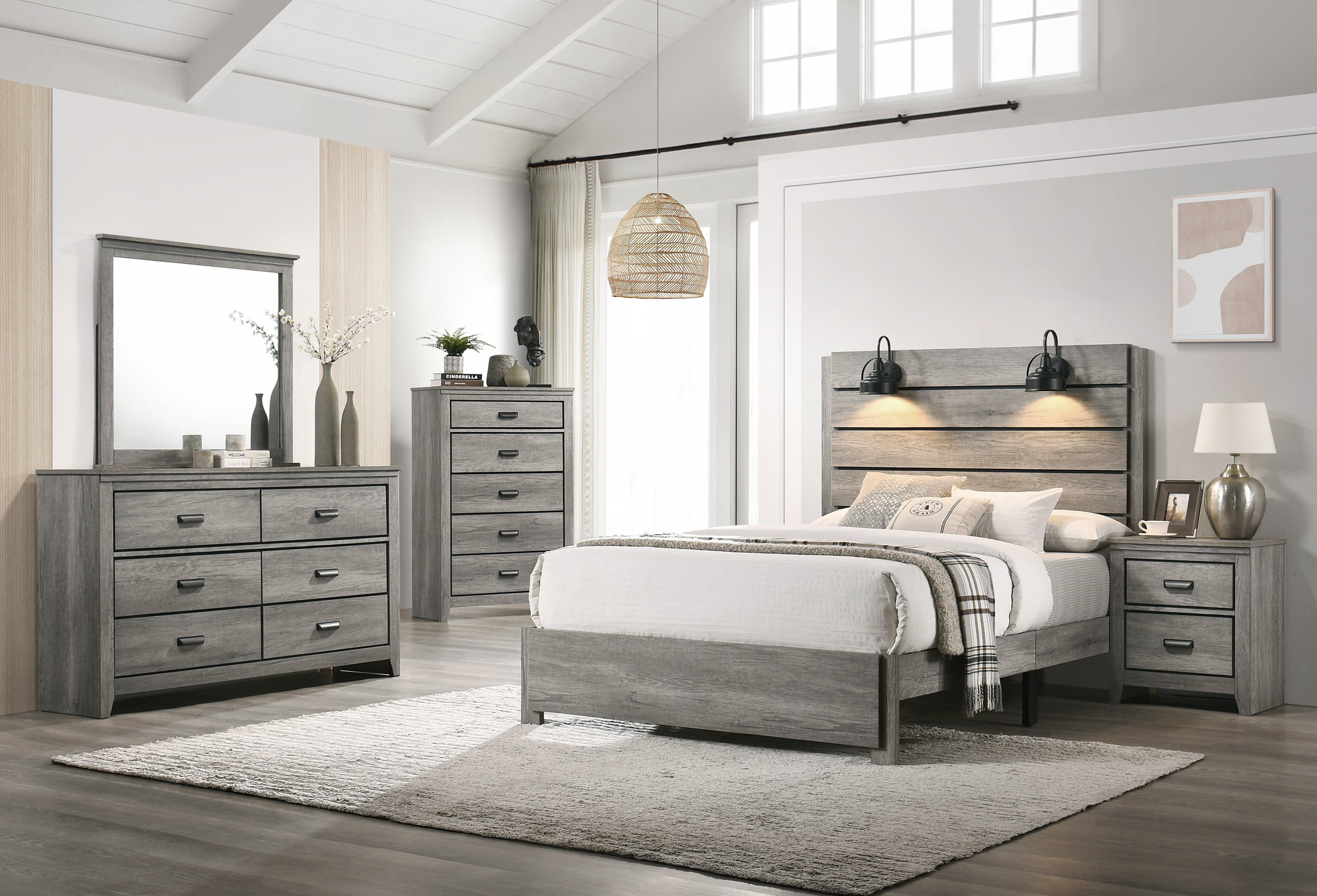 Gracie Oaks Raking Grey Platform Bedroom Set Special 5 Bed Dresser ...