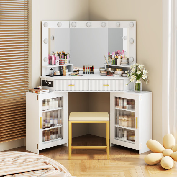 Everly Quinn Modern Corner Makeup Vanity Set with Mirror and Cabinets ...