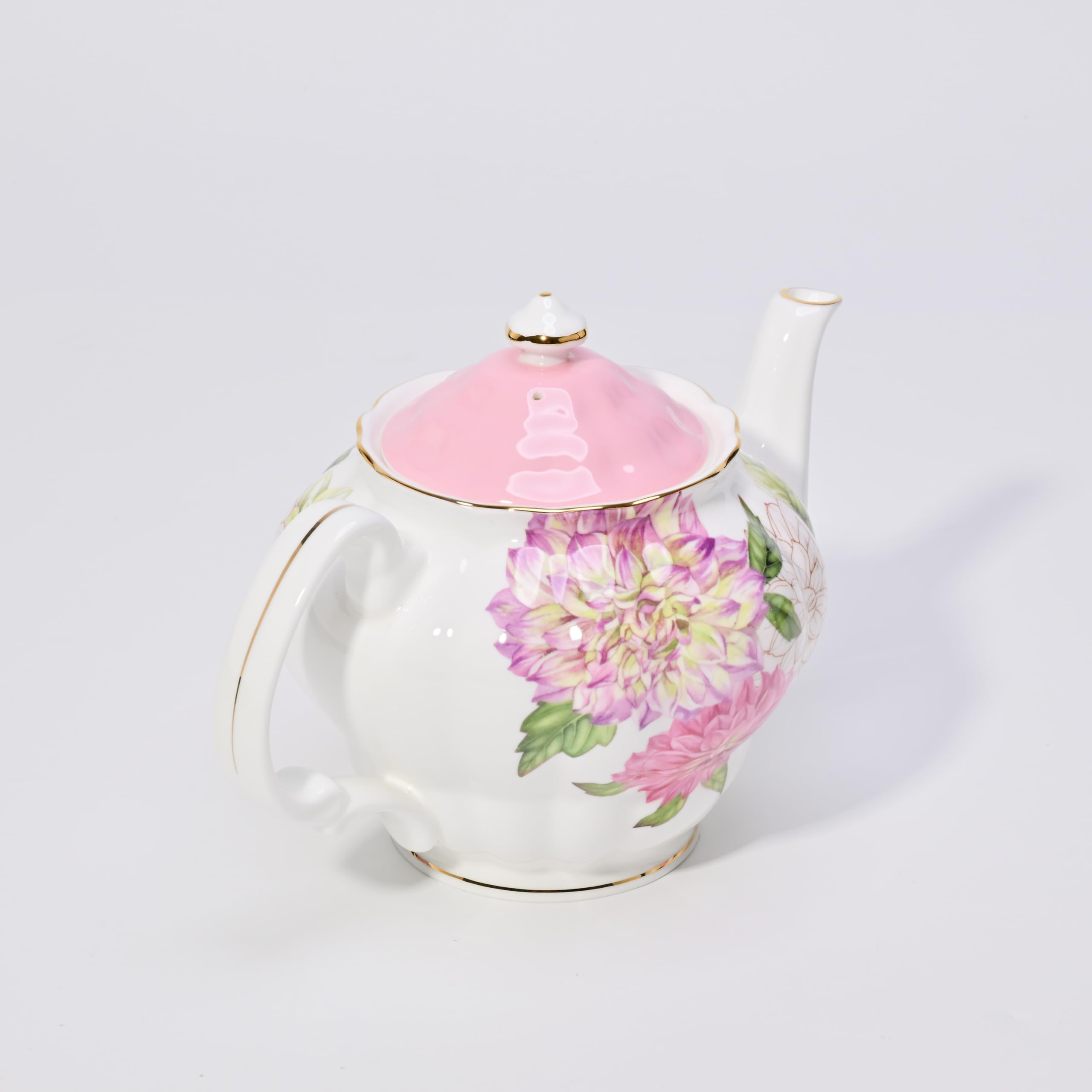 House of Hampton Bone China Teapot, English Teaset, Dahlia Floral ...
